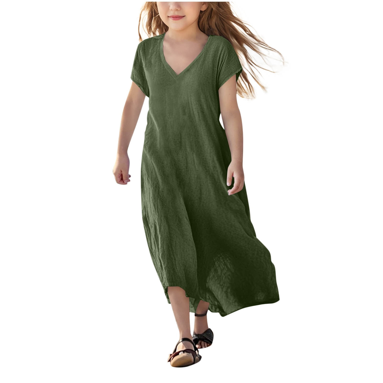 HaiMao Linen Dresses for Girl Trendy V Neck Long Maxi Dress Flowy ...