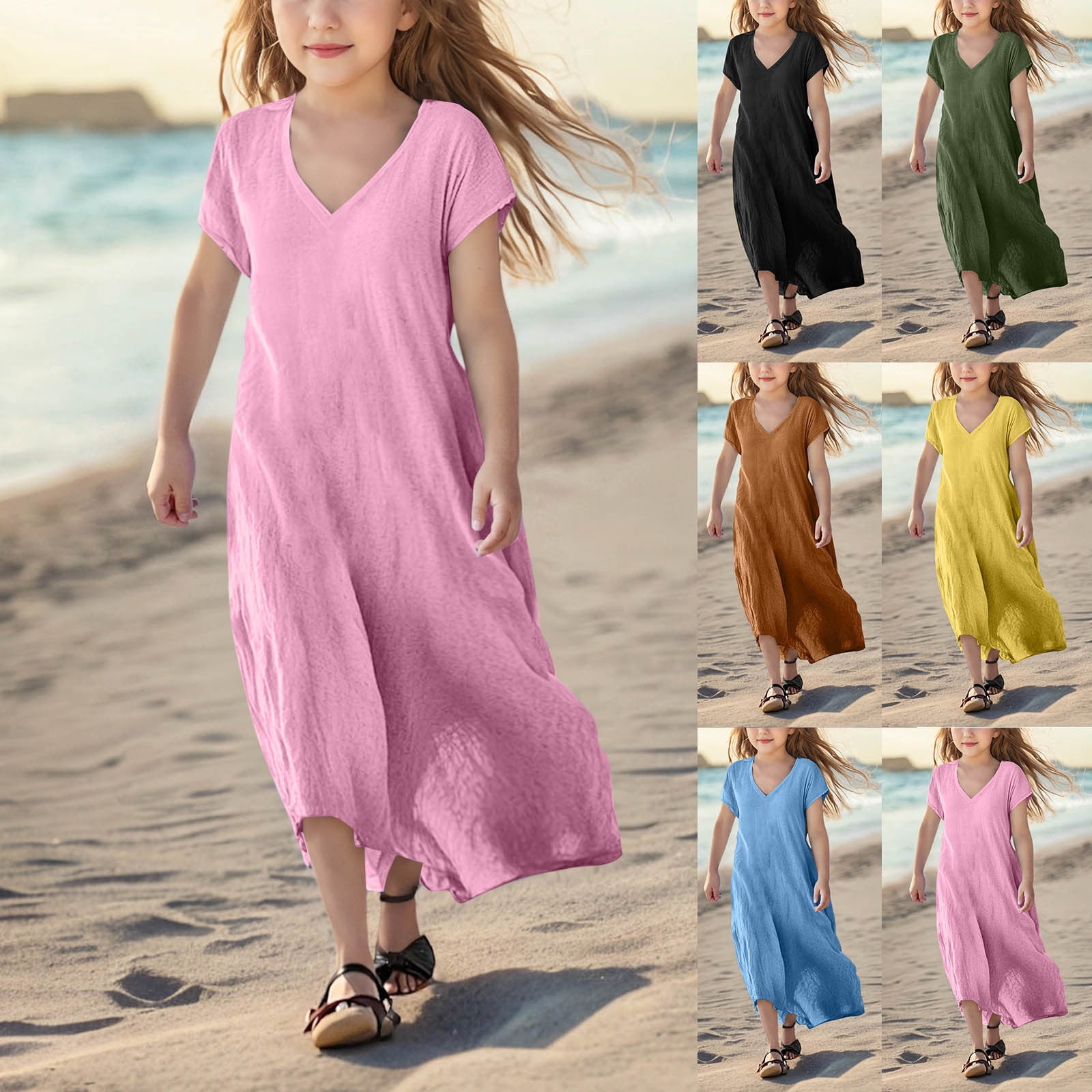 HaiMao Linen Dresses for Girl Trendy V Neck Long Maxi Dress Flowy ...