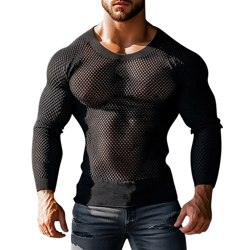 HaiMao Men's Fishnet Shirt Mens Fishnet Top Mesh Transparent Long ...