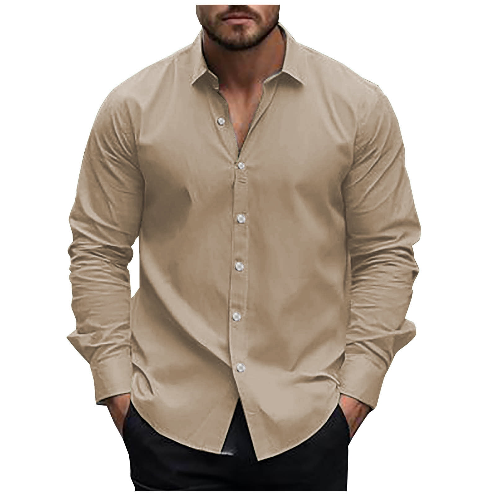 HaiMao Men's Muscle Dress Shirts Clearance Solid Long Sleeve Business Casual Button Down Shirt ...
