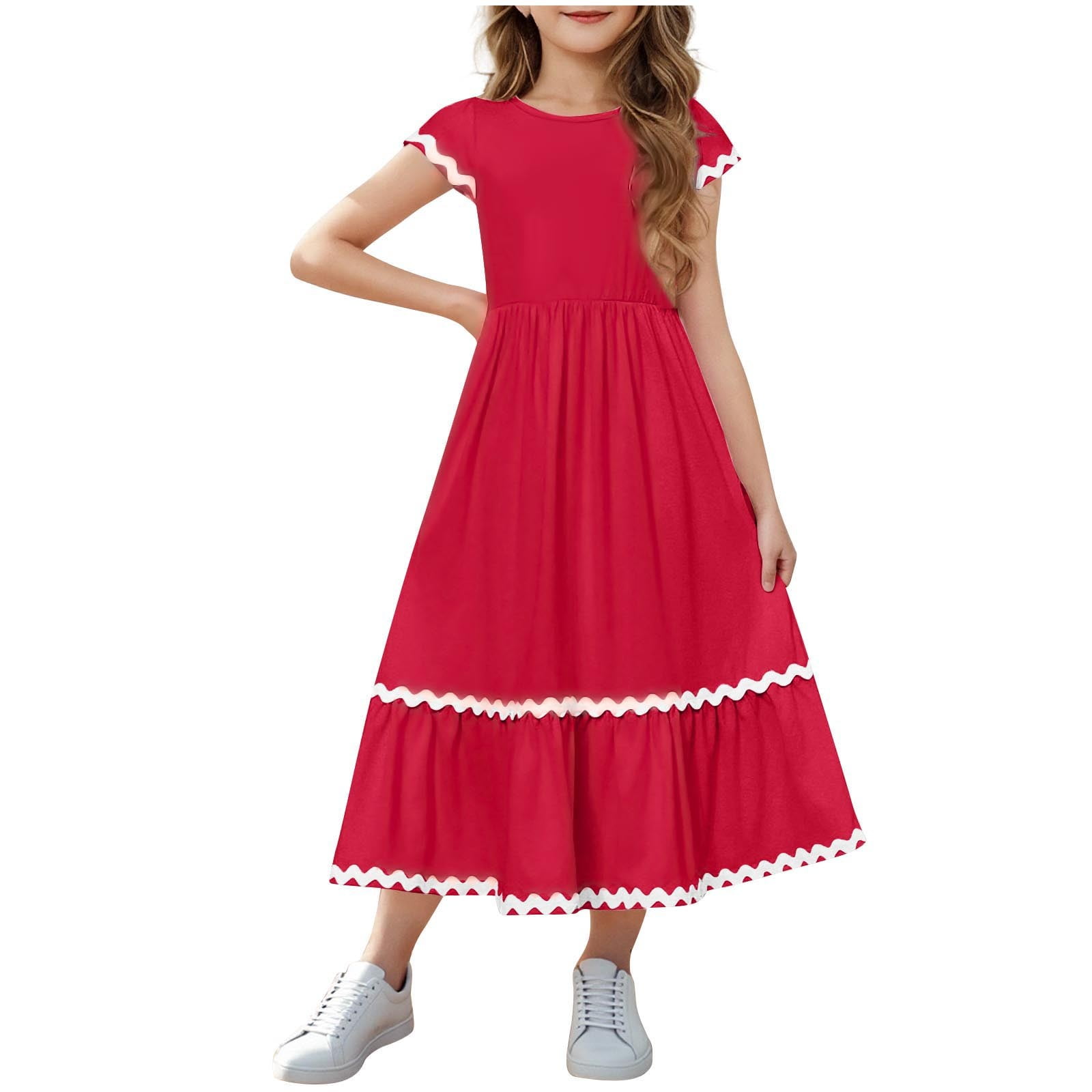 HaiMao Midi Dresses for Girl Summer Casual Flutter Short Sleeve Smocked ...