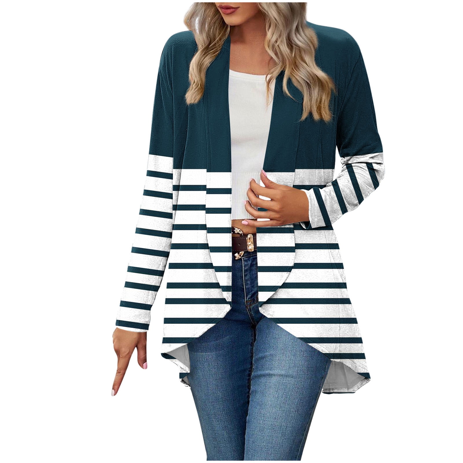 HaiMao Women Casual Striped Lightweight Open Front Cardigans Long ...