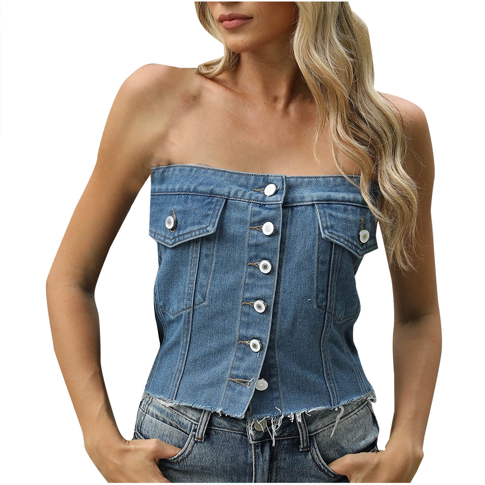 Hinvhai Women Denim Corset Top Button Front Bustier Y2K Bandeau Denim ...