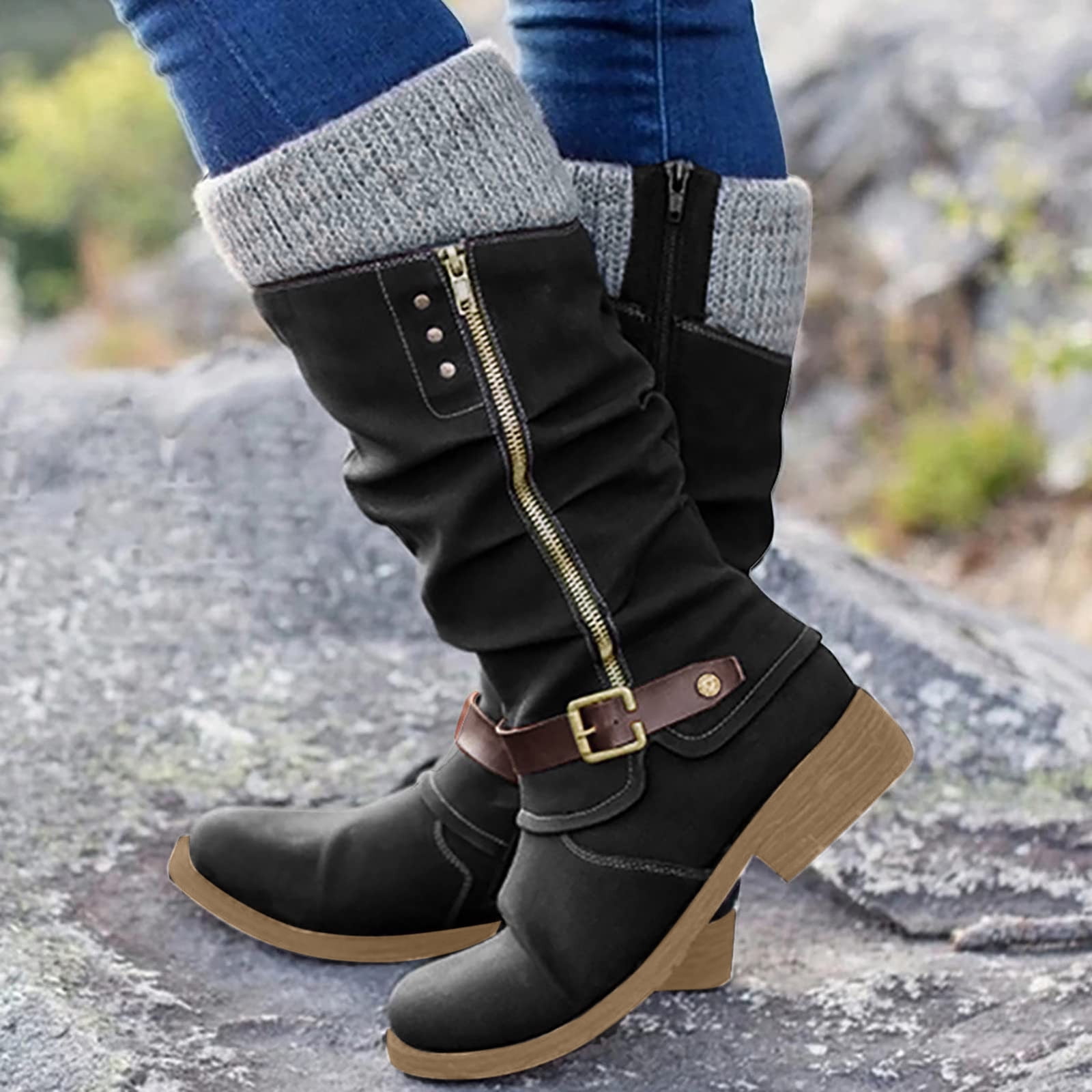 HaiMao Women's Cowboy Boots Clearance Pull On Cowgirl Boots Mid Calf ...