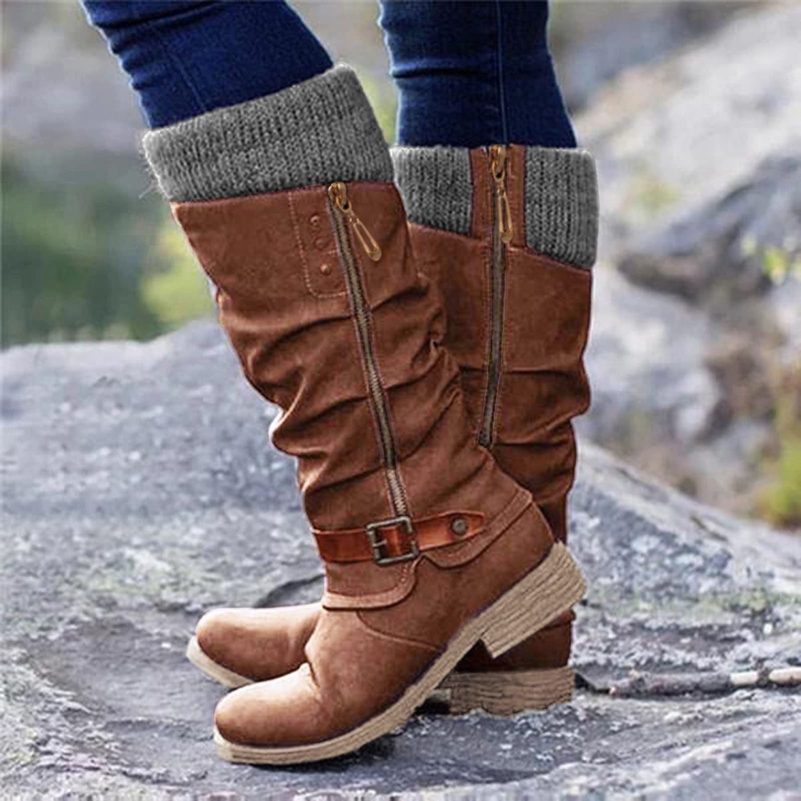 Hinvhai Women's Cowboy Boots Pull On Cowgirl Boots Mid Calf Western ...