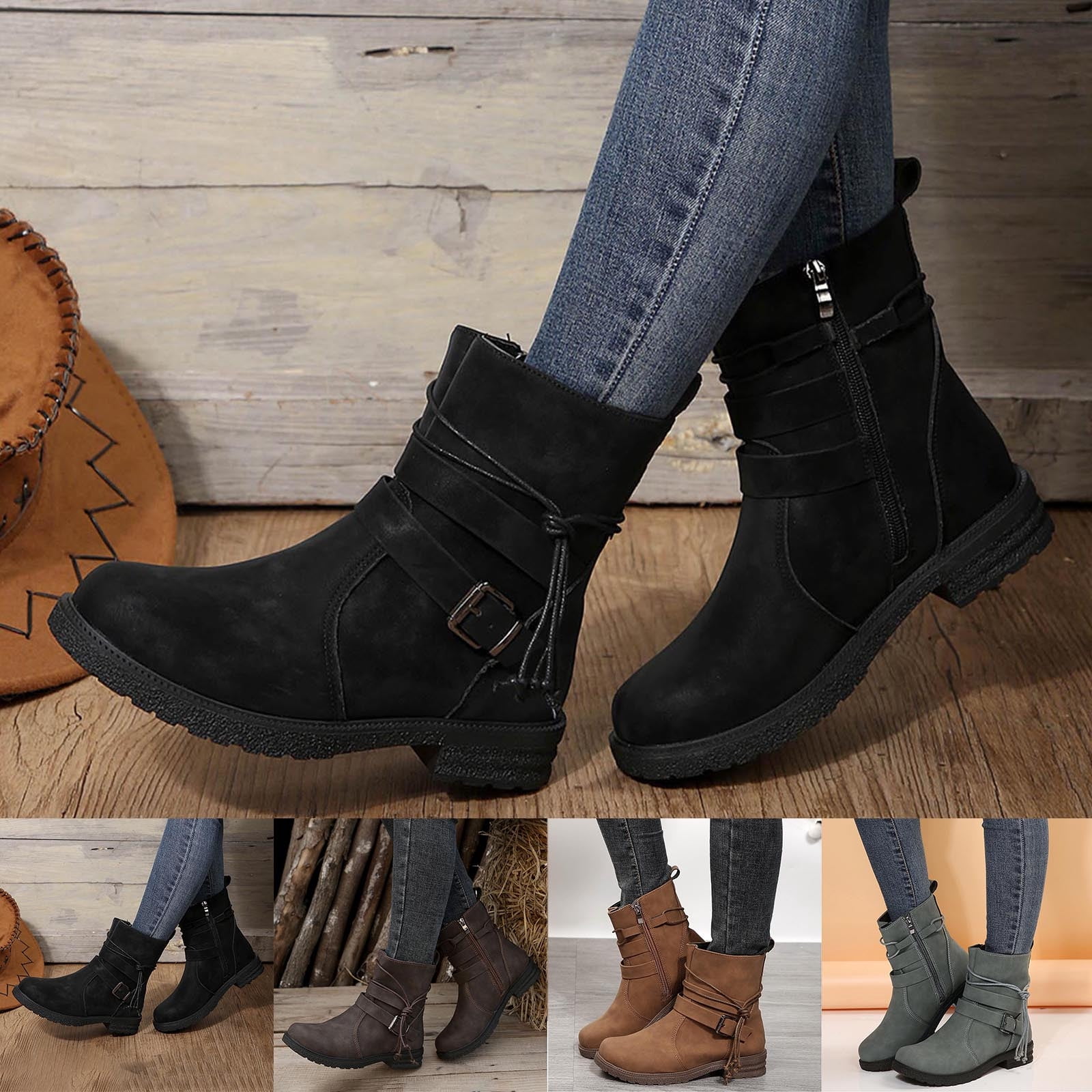 HaiMao Women's Mid Calf Chunky Heel Moto Boots Low Heel Round Toe ...