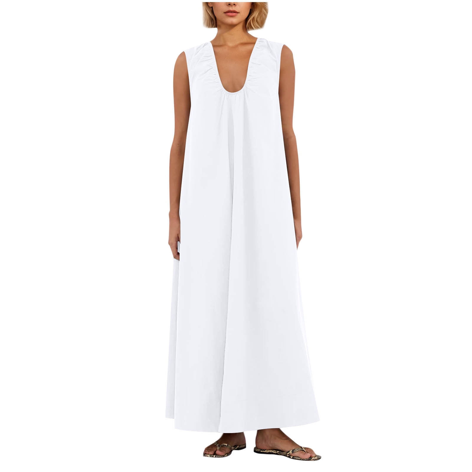 HaiMao Women's Sleeveless Maxi Dress Scoop Neck Ruched Long Dress with ...