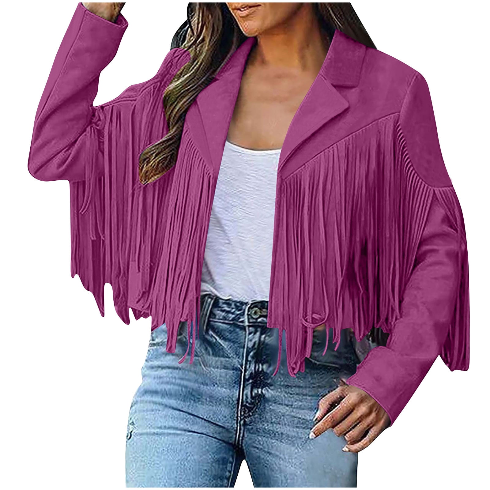 HaiMao Womens Fashion Faux Suede Tassel Jackets Lapel Cropped ...