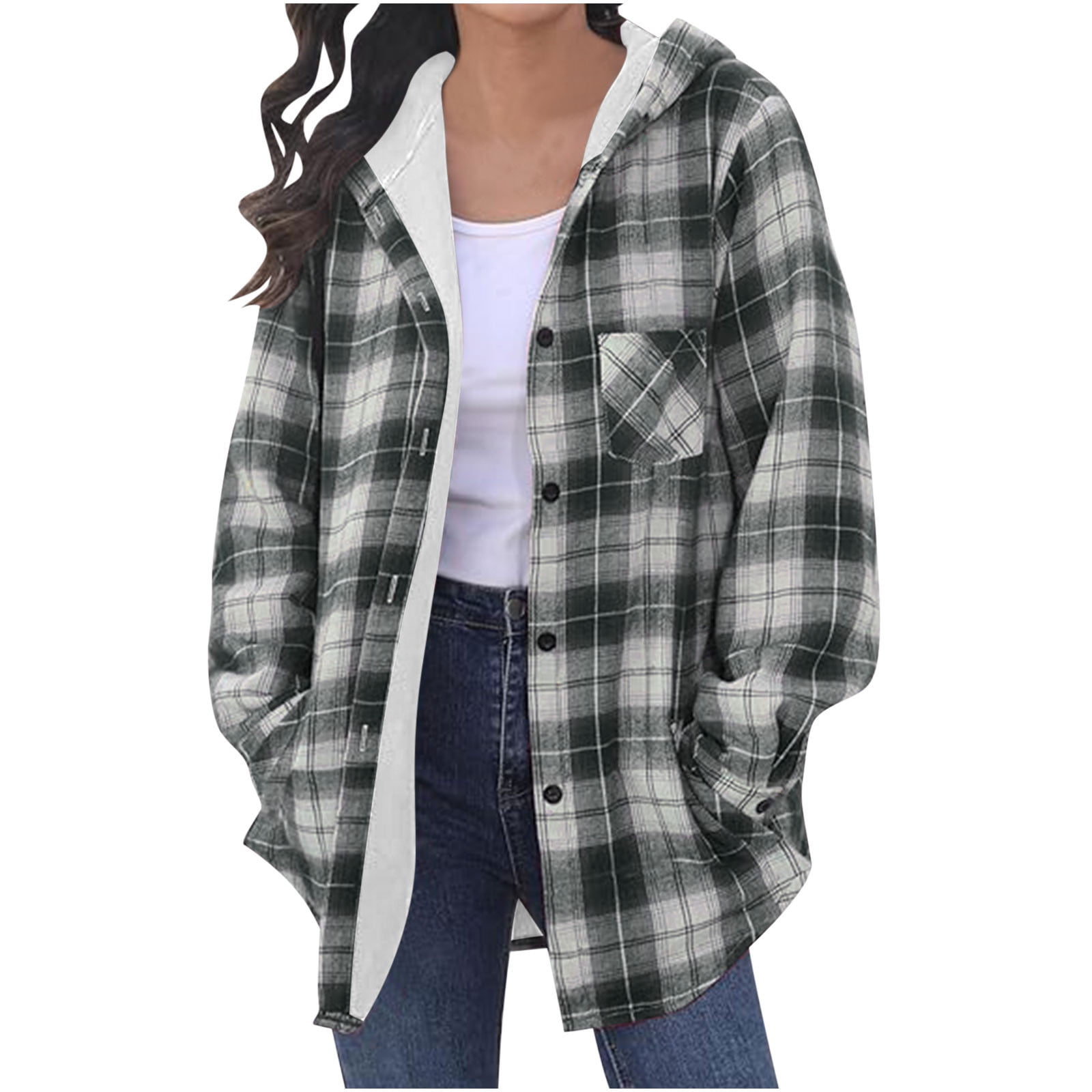HaiMao Womens Fleece Lined Plaid Shacket Jacket Hoodies Flannel Button ...