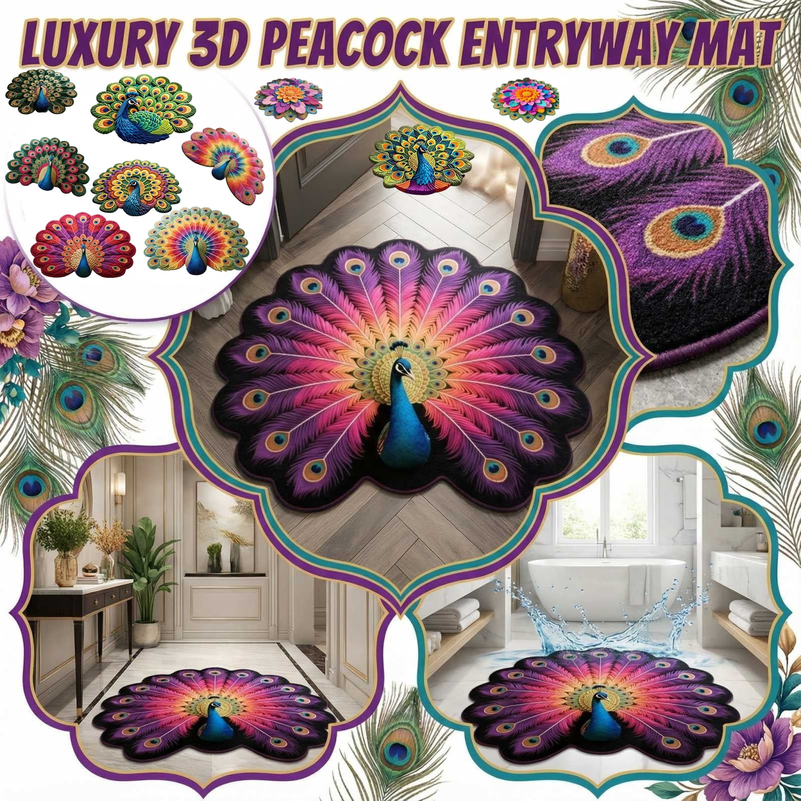 HaiSphere 3D Visual Peacock Flower Print Door Mat 24x24 Inch Non-Slip ...