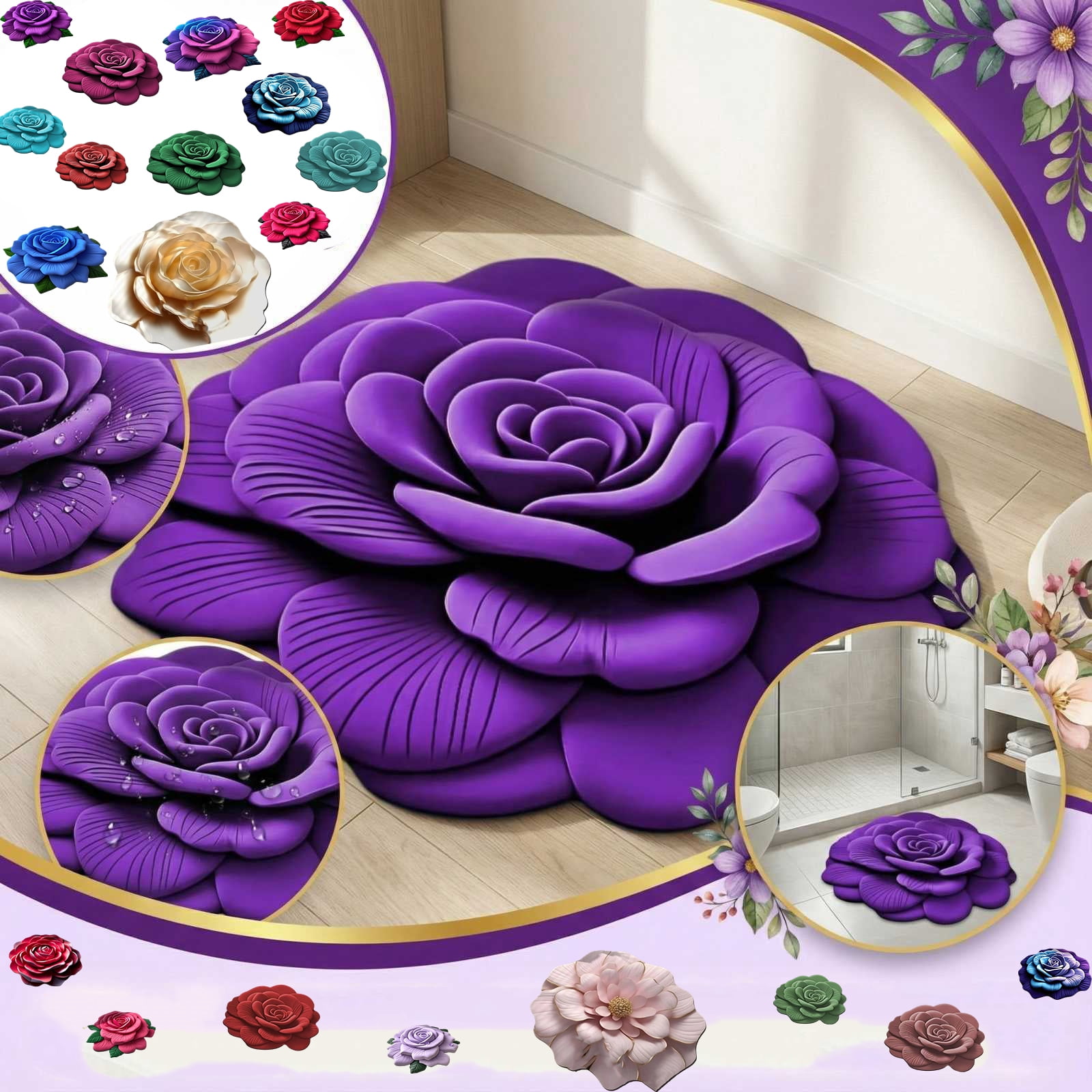HaiSphere 3D Visual Rose Print Door Mat Non-Slip Absorbent Entryway Rug ...