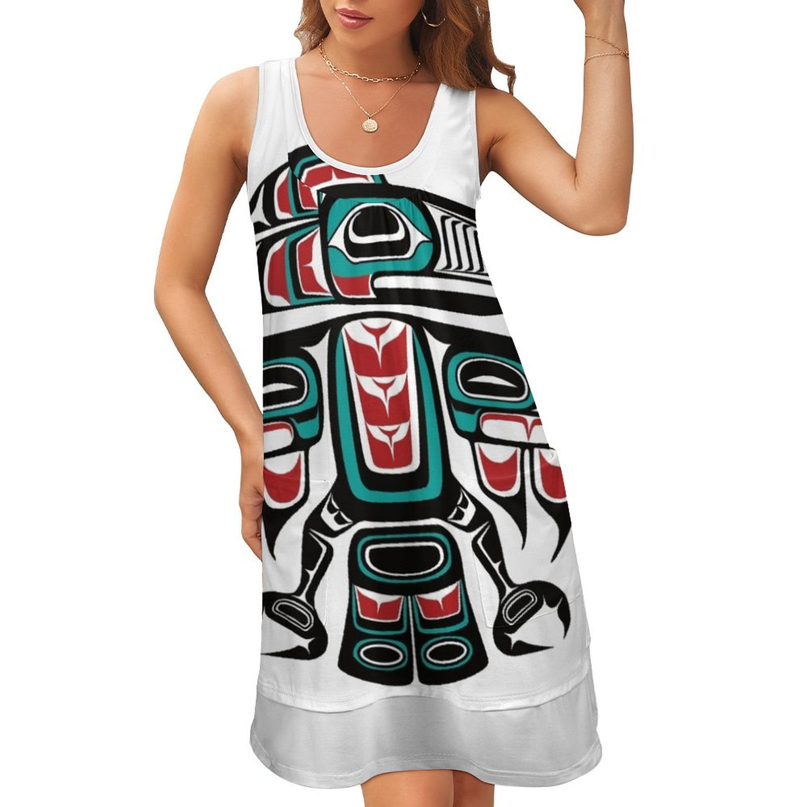 Haida Tlingit Native Raven Totem Sleeveless U-Neck Fake Two Piece Dress ...