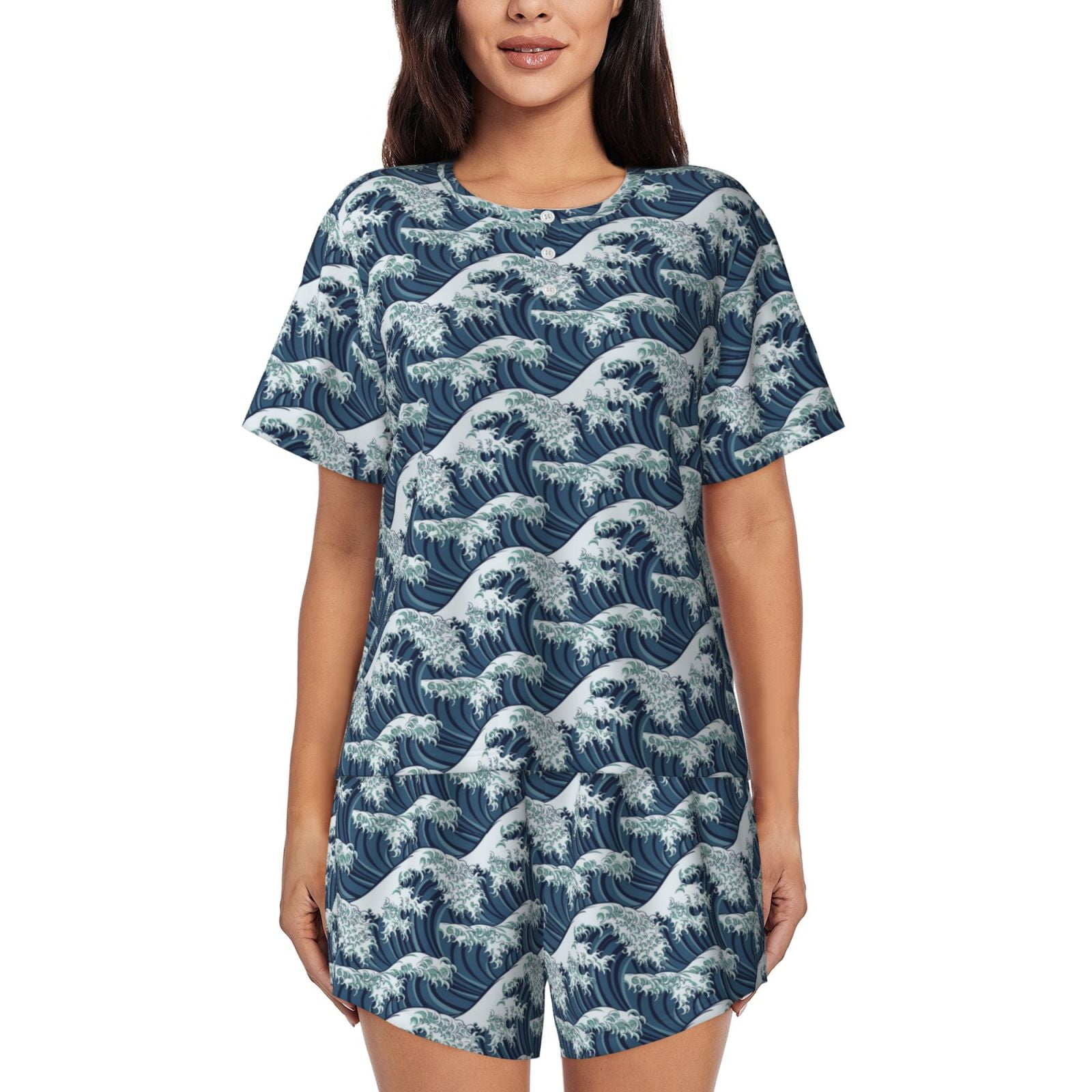 Haiem A Japanese Great Wave Pattern Pajama Set for Women 2 Piece Lounge ...