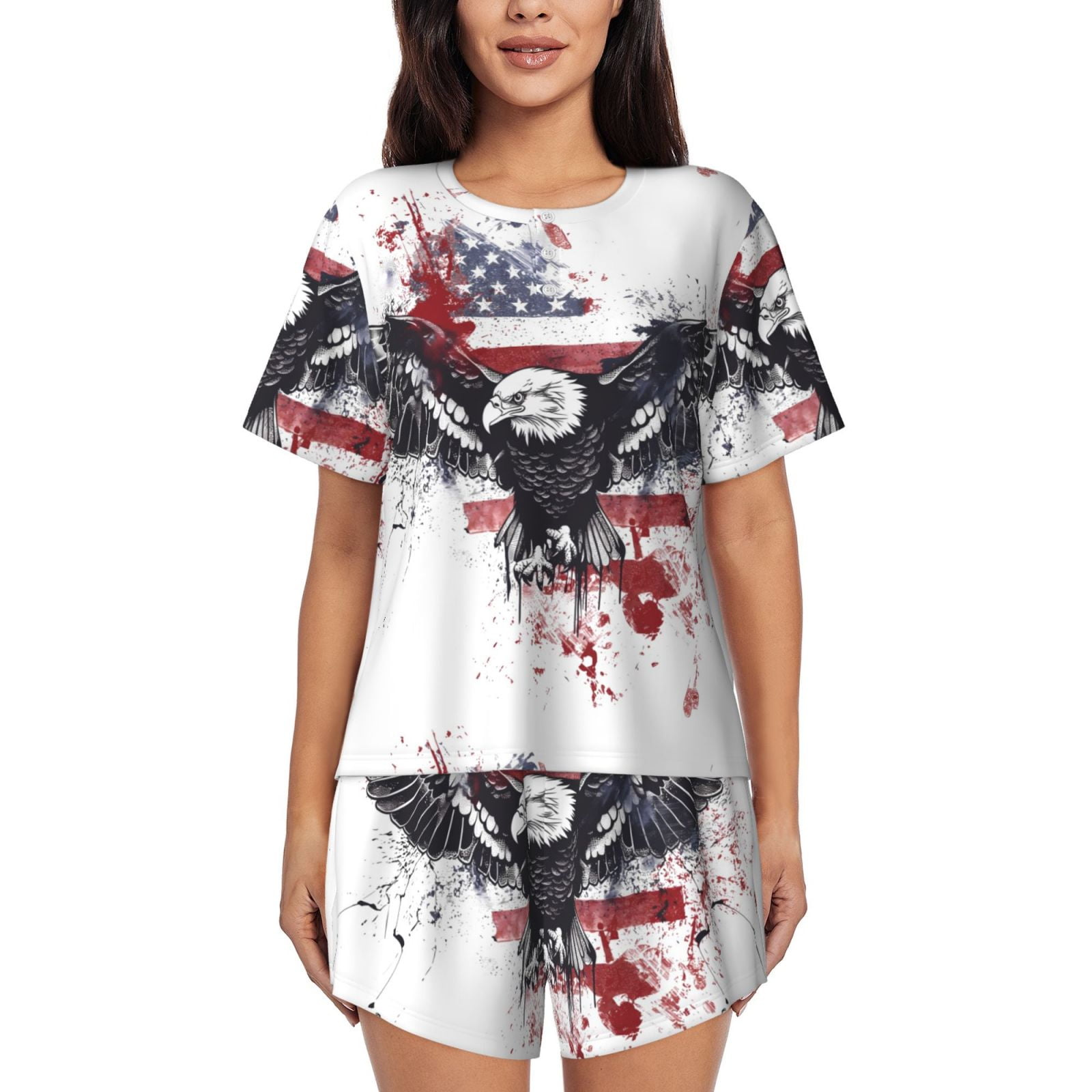 Haiem American Flag Eagle Art Pattern Pajama Set for Women 2 Piece Lounge Set Short Sleeve Tops ...