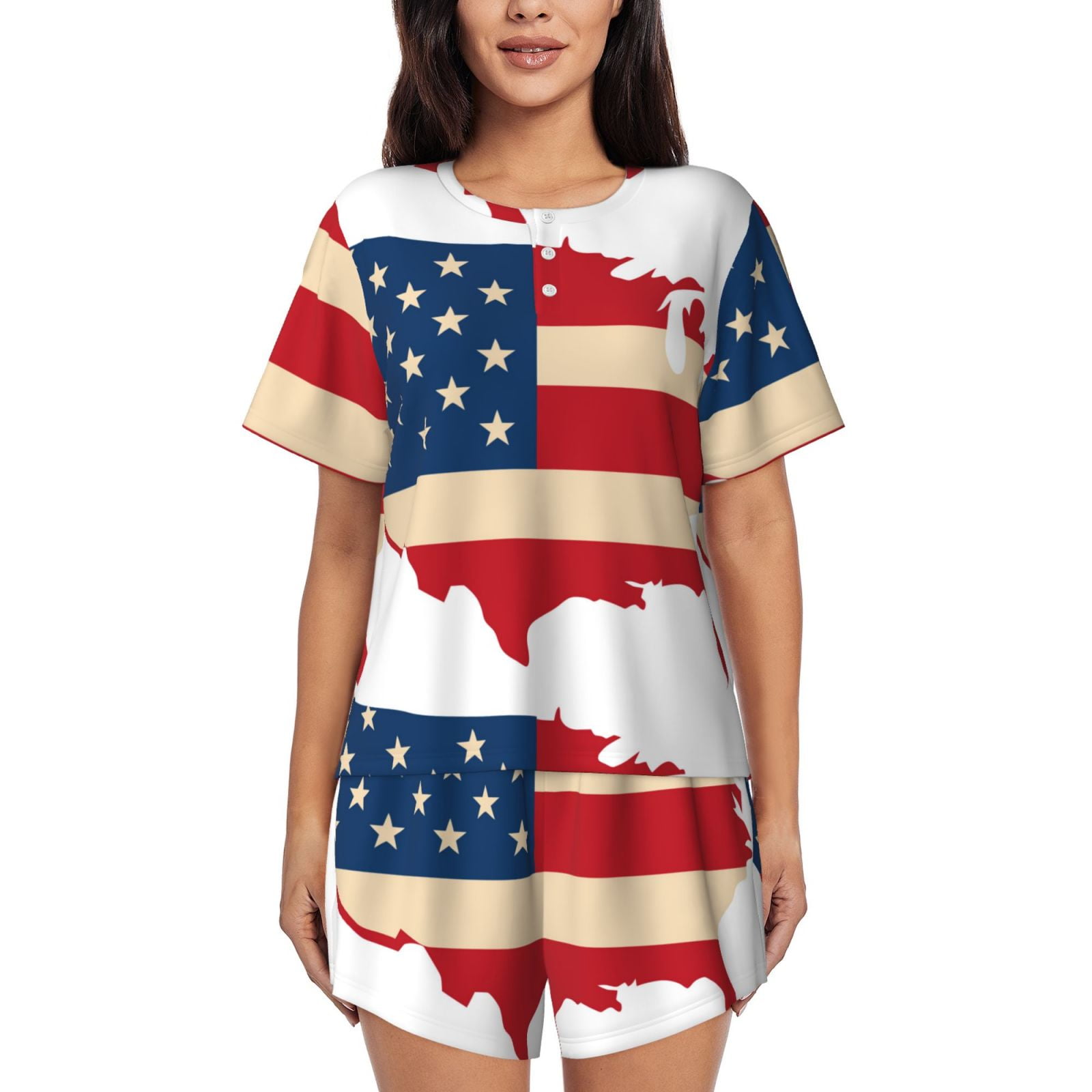 Haiem American Flag Map Pattern Pajama Set for Women 2 Piece Lounge Set ...