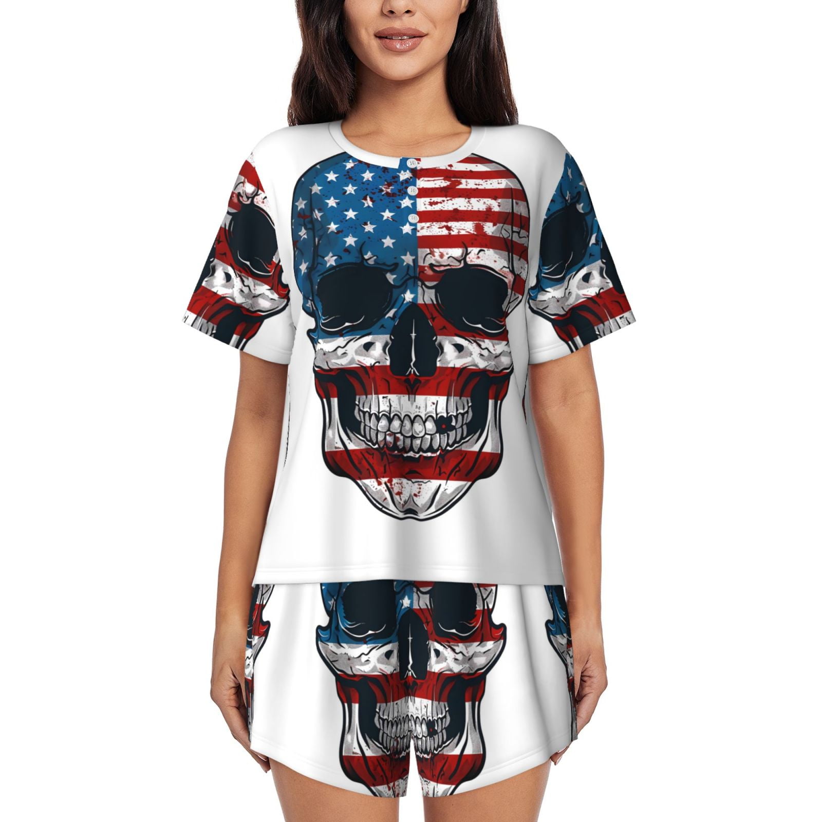 Haiem American Flag Skull Pattern Pajama Set for Women 2 Piece Lounge ...