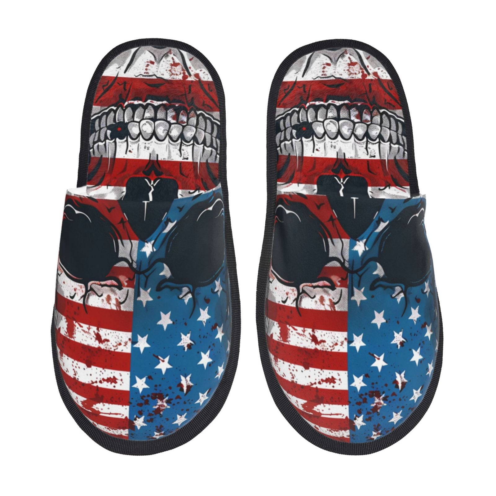 Haiem American Flag Skull Print Fuzzy Slippers for Women Plush Slippers ...