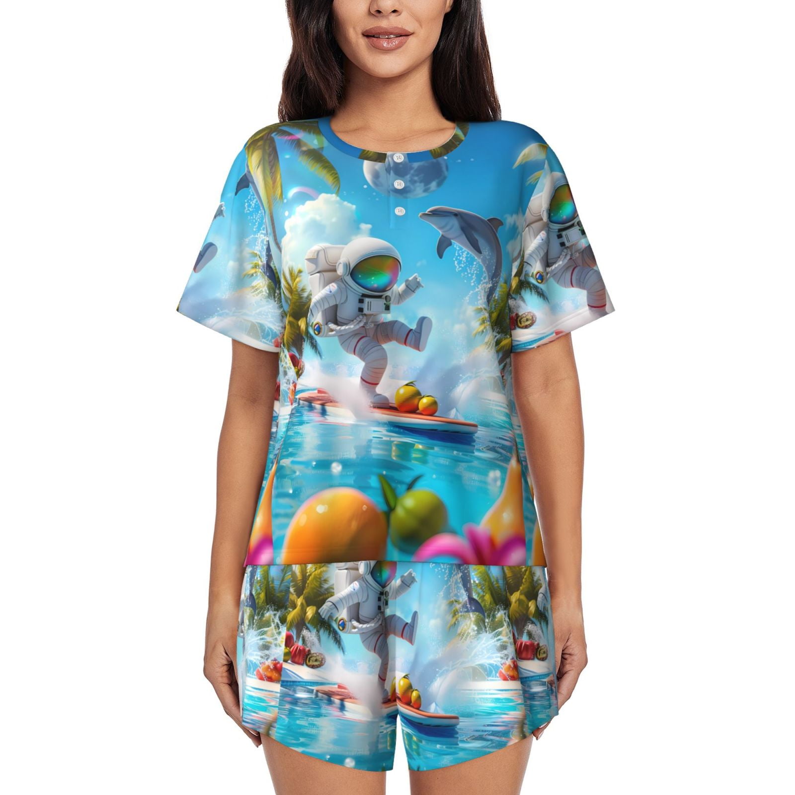 Haiem Astronaut Tropical Dolphin Pattern Pajama Set for Women 2 Piece ...