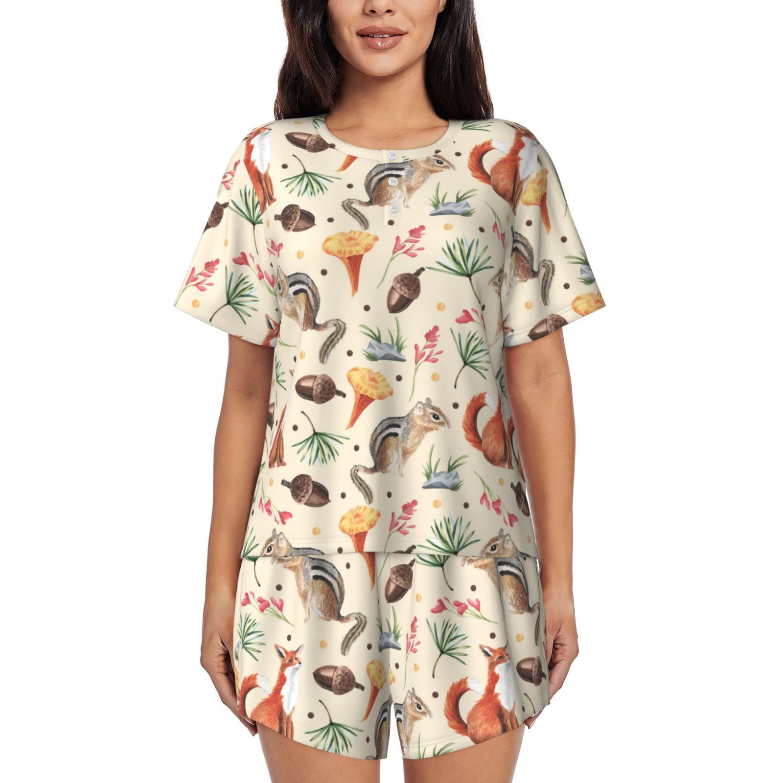 Haiem Autumn Forest Animals Pattern Pajama Set for Women 2 Piece Lounge ...