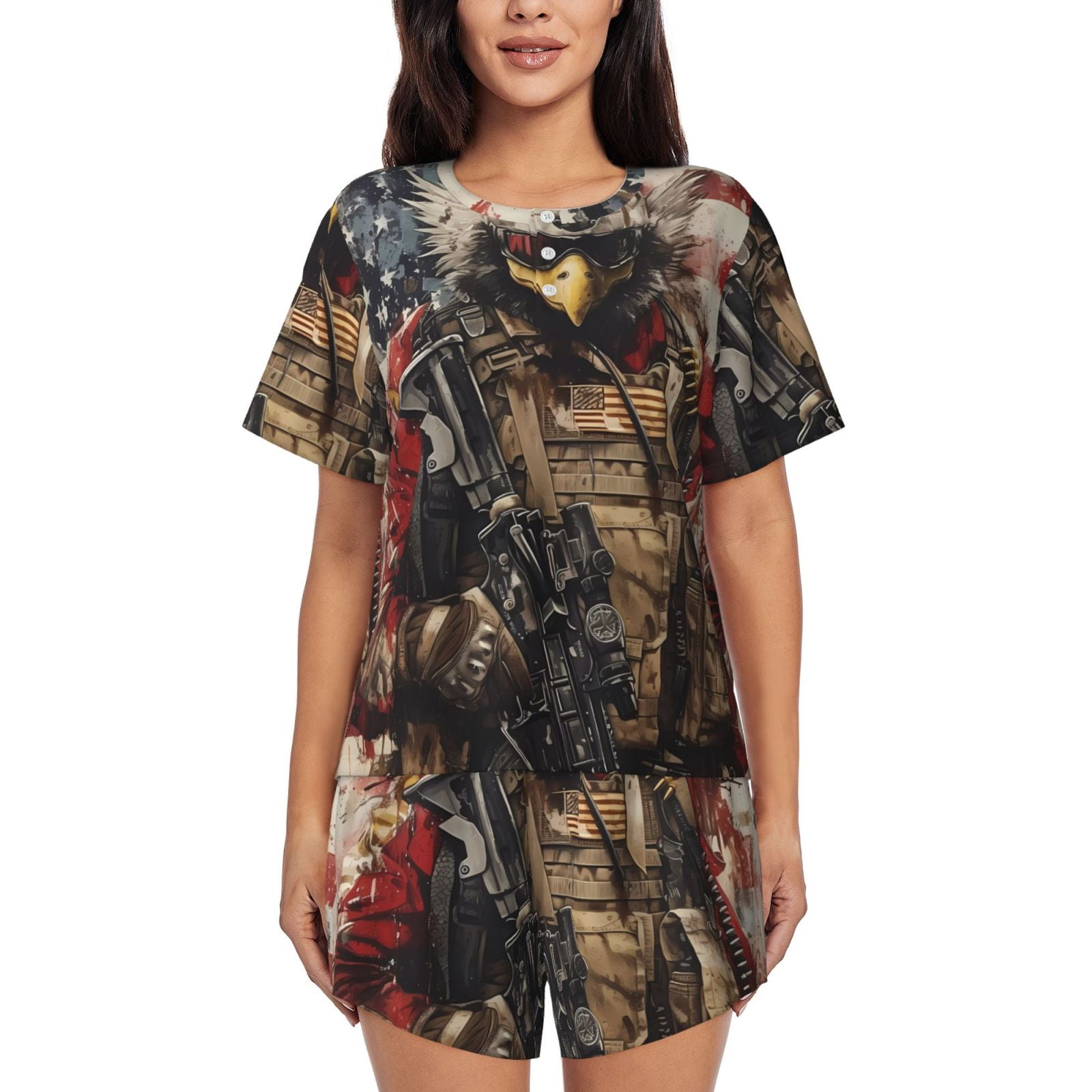 Haiem Bald Eagle Soldier Pattern Pajama Set for Women 2 Piece Lounge Set Short Sleeve Tops and ...