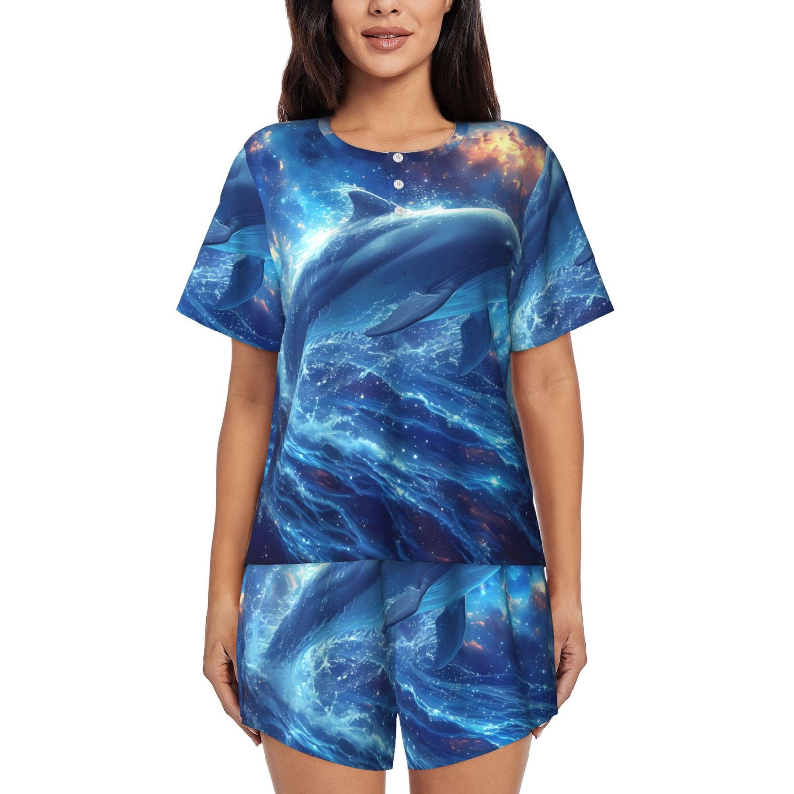 Haiem Beautiful Ocean Dolphin Pattern Pajama Set for Women 2 Piece ...