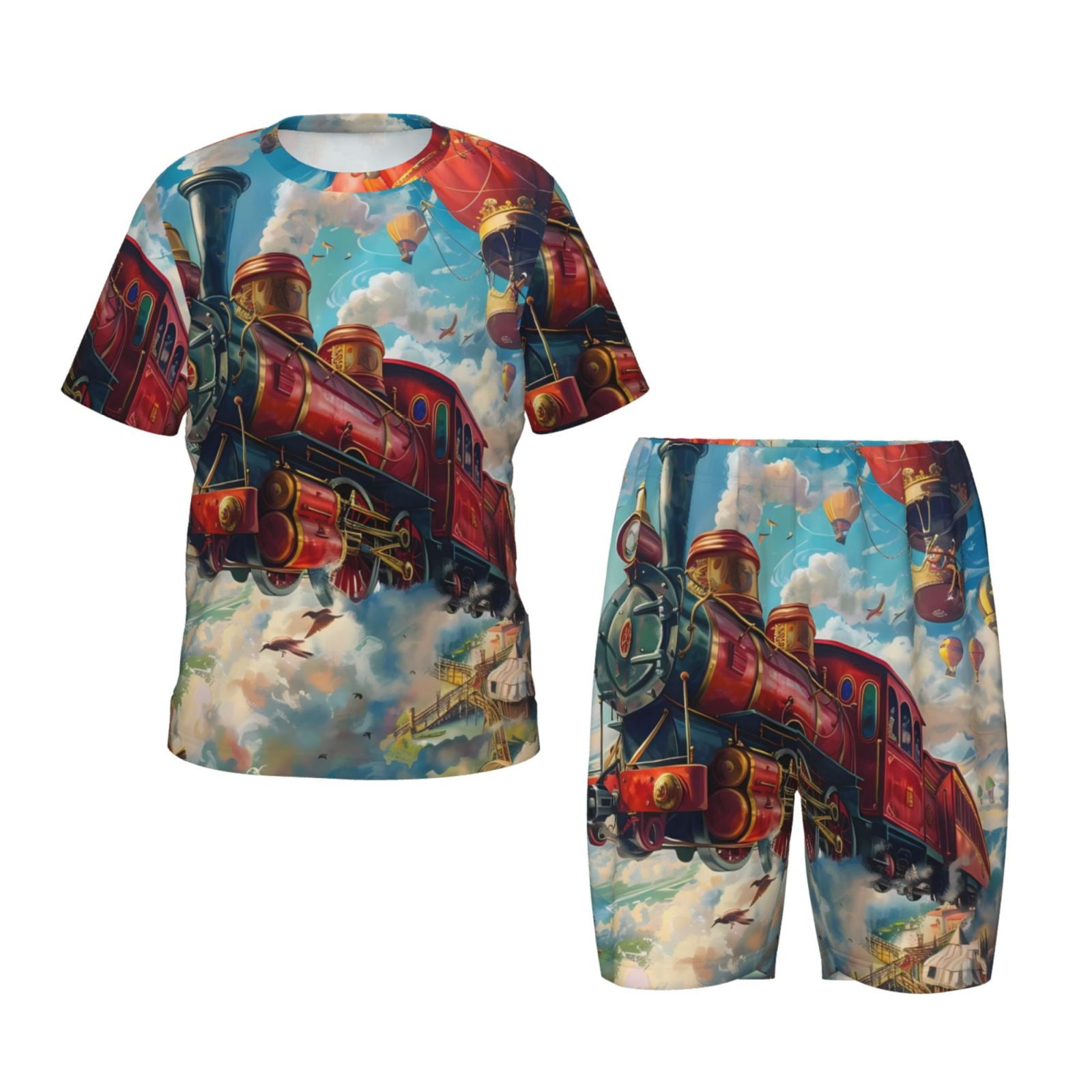 Haiem Beautiful Red Train Hot Air Balloon Pattern Kids’ Breathable Pajama Set – Short-Sleeved ...