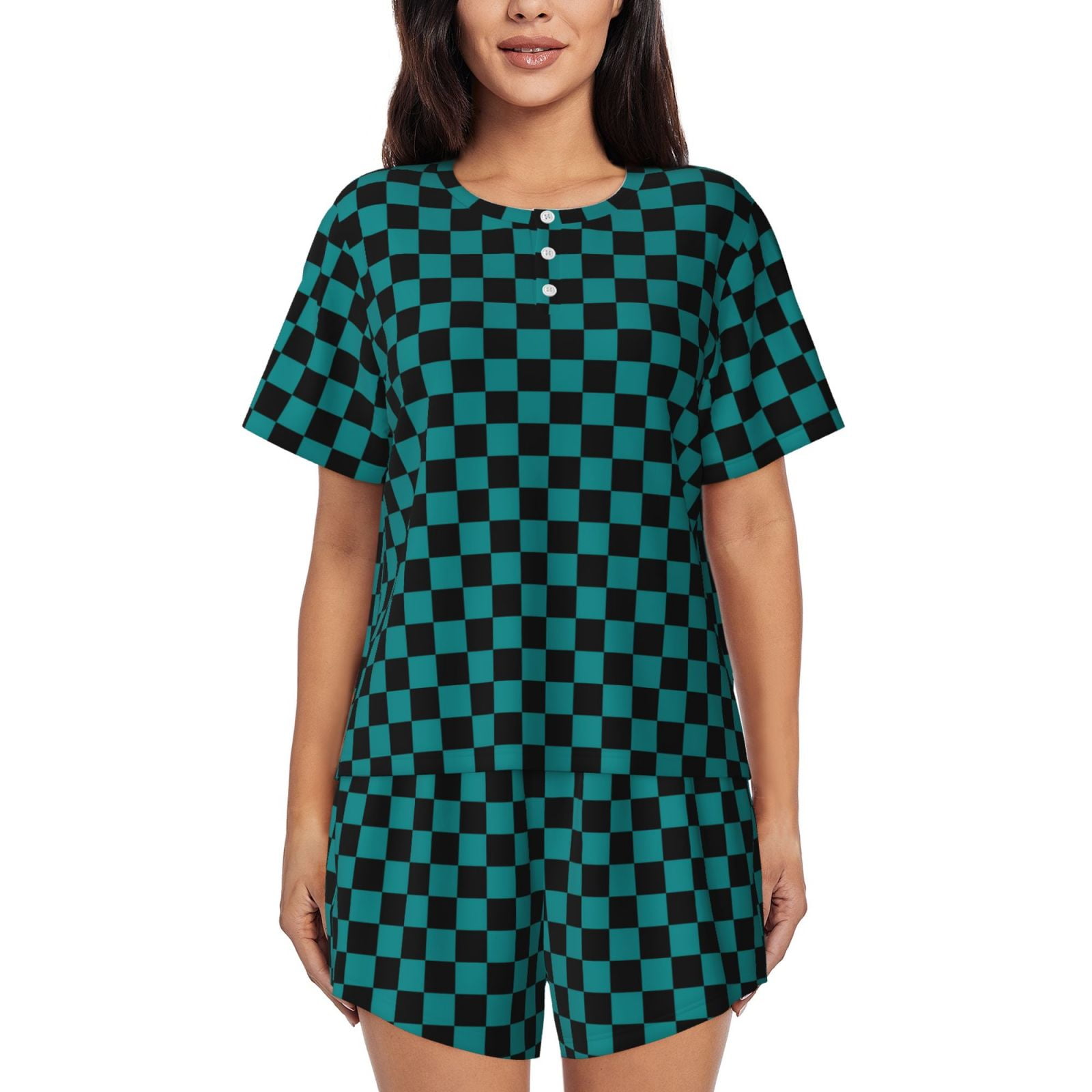 Haiem Black And Teal Checkerboard Pattern Pajama Set for Women 2 Piece ...