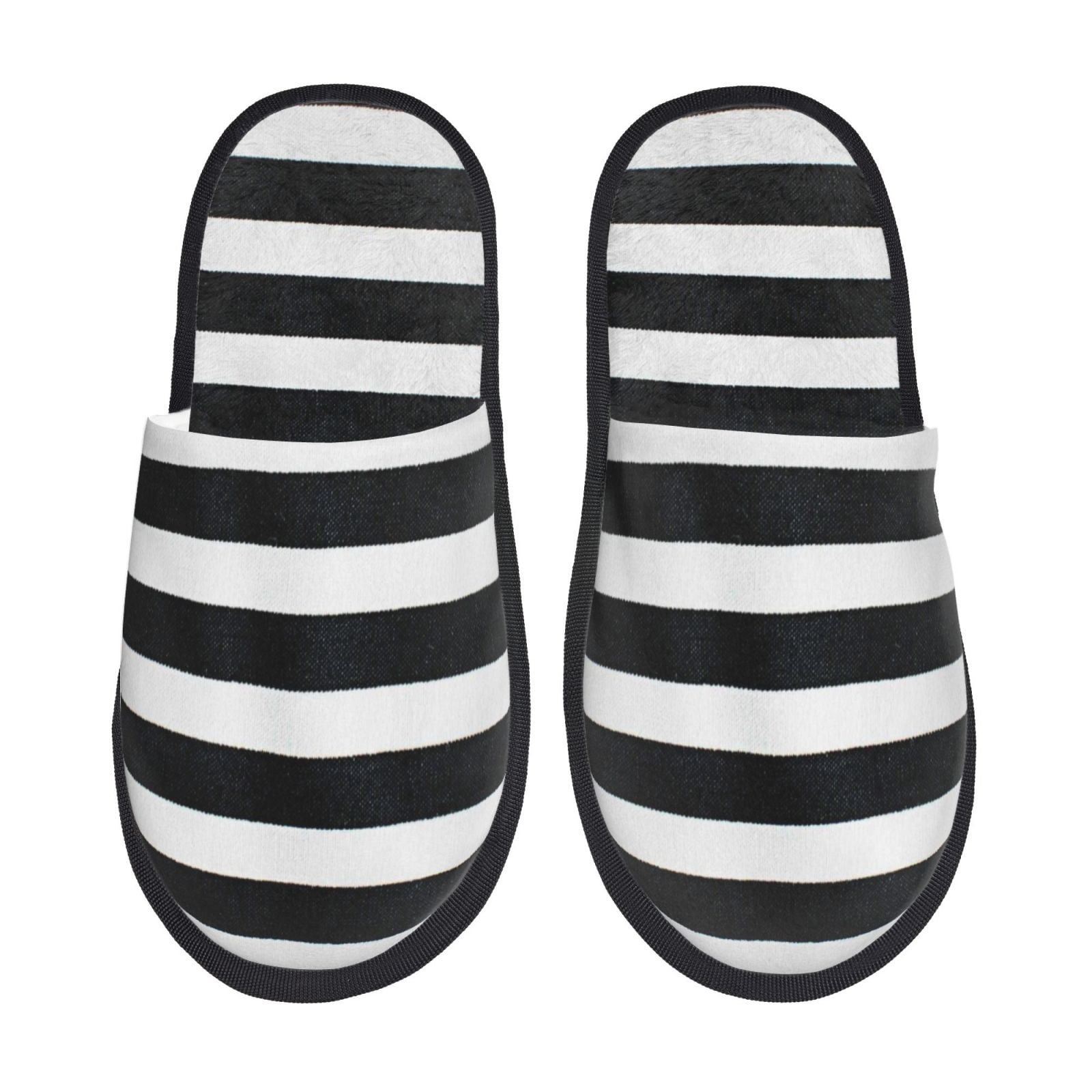 Haiem Black And White Stripes Print Fuzzy Slippers for Women Plush ...
