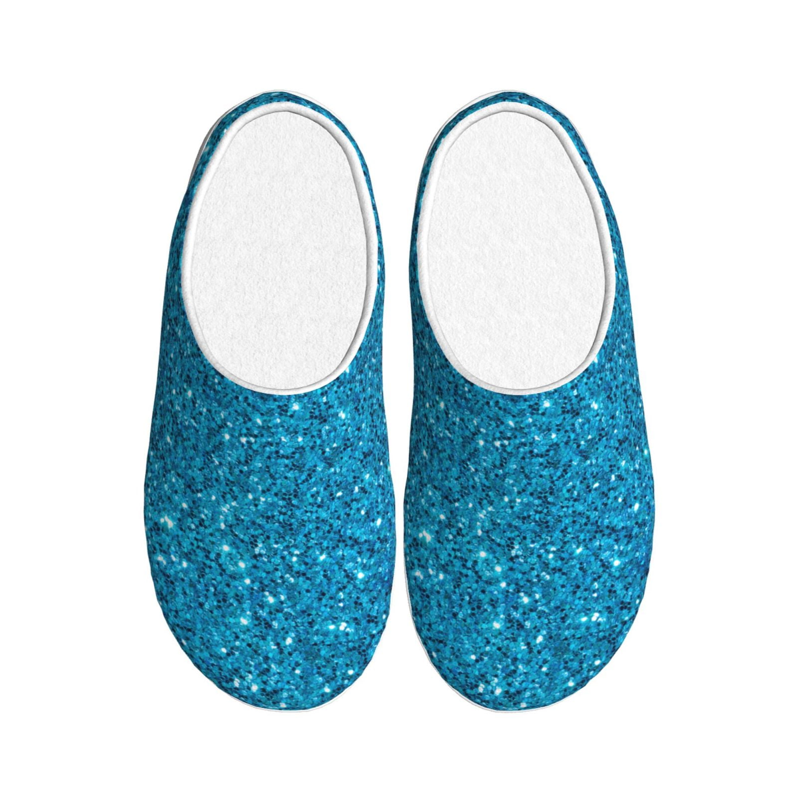Haiem Blue Glitter Print Women's Fuzzy Memory Foam House Slipper Cozy ...