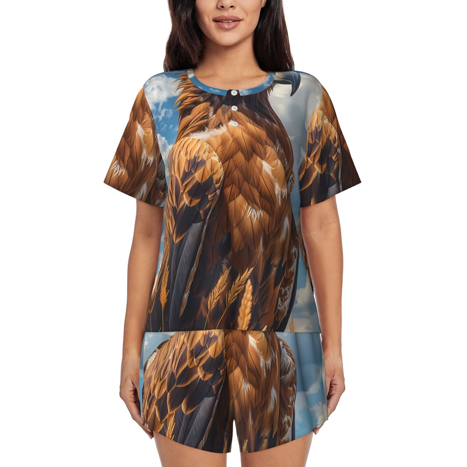 Haiem Blue Sky White Cloud Eagle Pattern Pajama Set for Women 2 Piece Lounge Set Short Sleeve ...