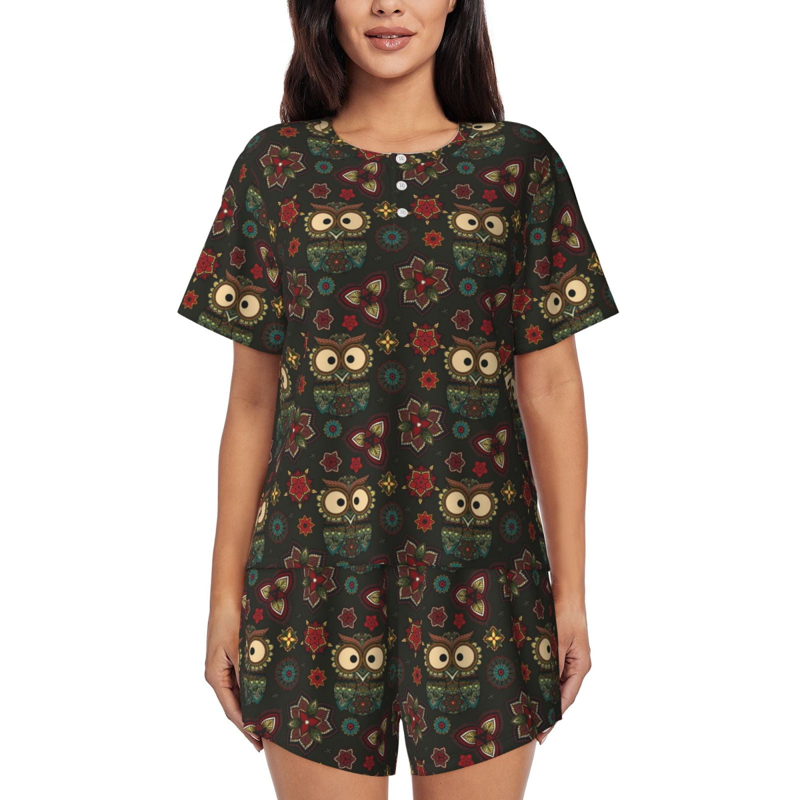 Haiem Boho Owl Pattern Pajama Set for Women 2 Piece Lounge Set Short ...