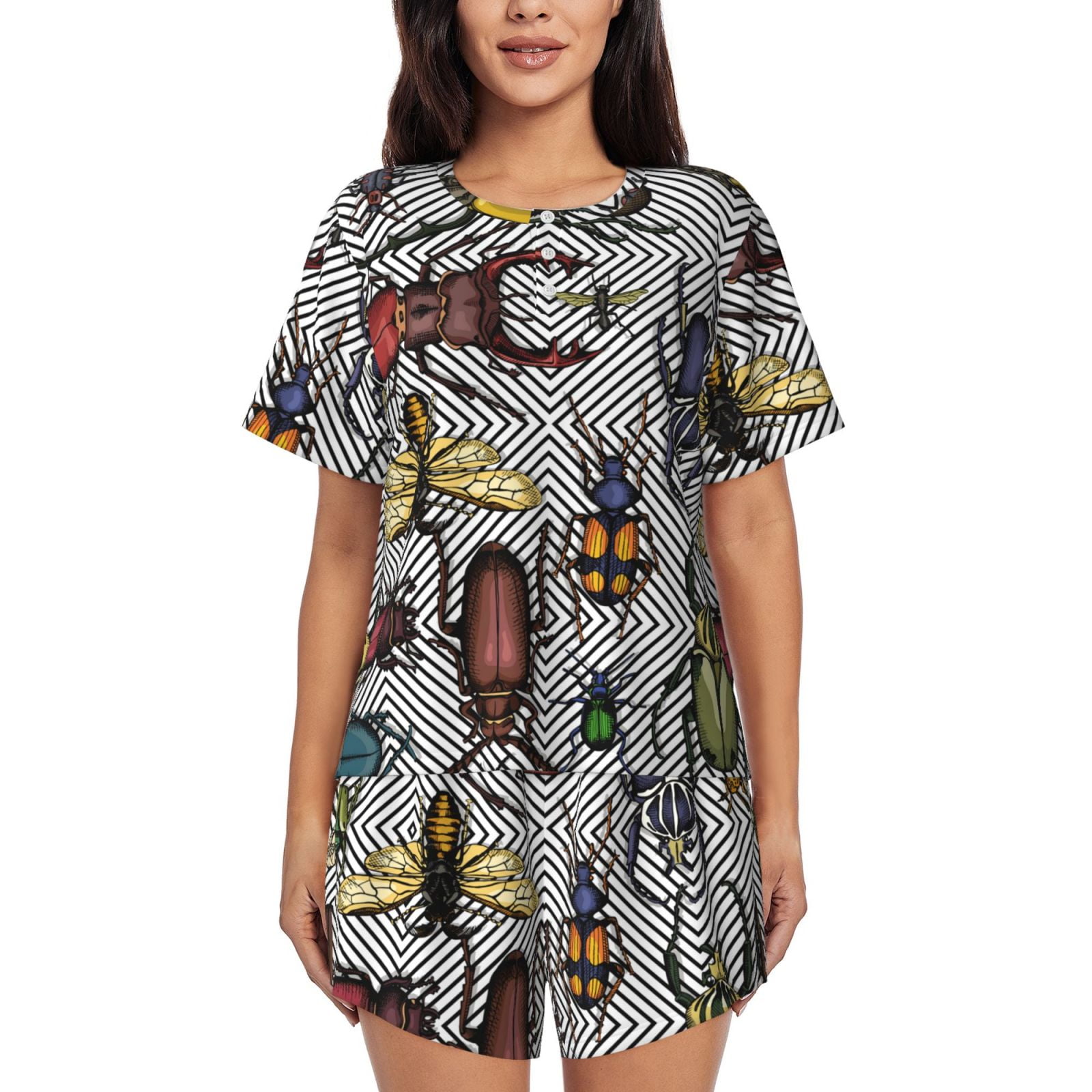 Haiem Bright Insects Pattern Pajama Set for Women 2 Piece Lounge Set Short Sleeve Tops and ...
