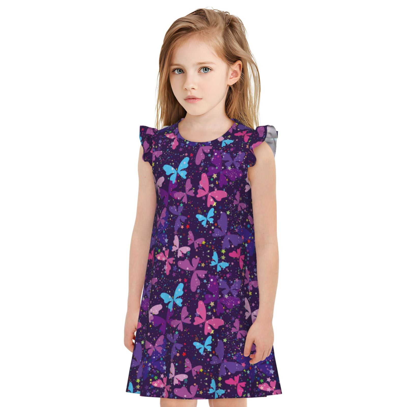 Haiem Bright Purple Butterflies Printed Girls Nightgowns Sleepwear Short Sleeve Pajama Dress ...