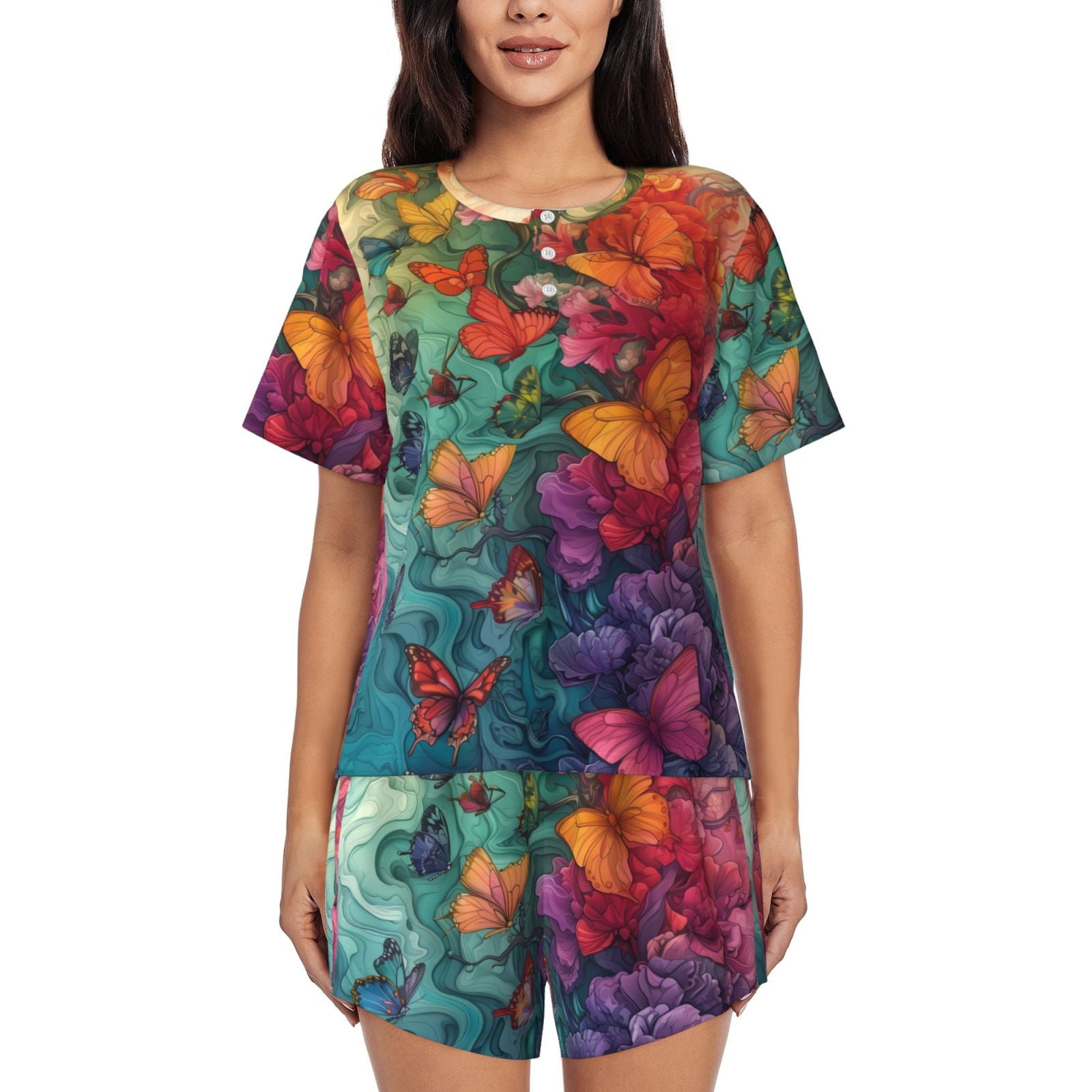 Haiem Butterfly Flower Cascade Pattern Pajama Set for Women 2 Piece ...