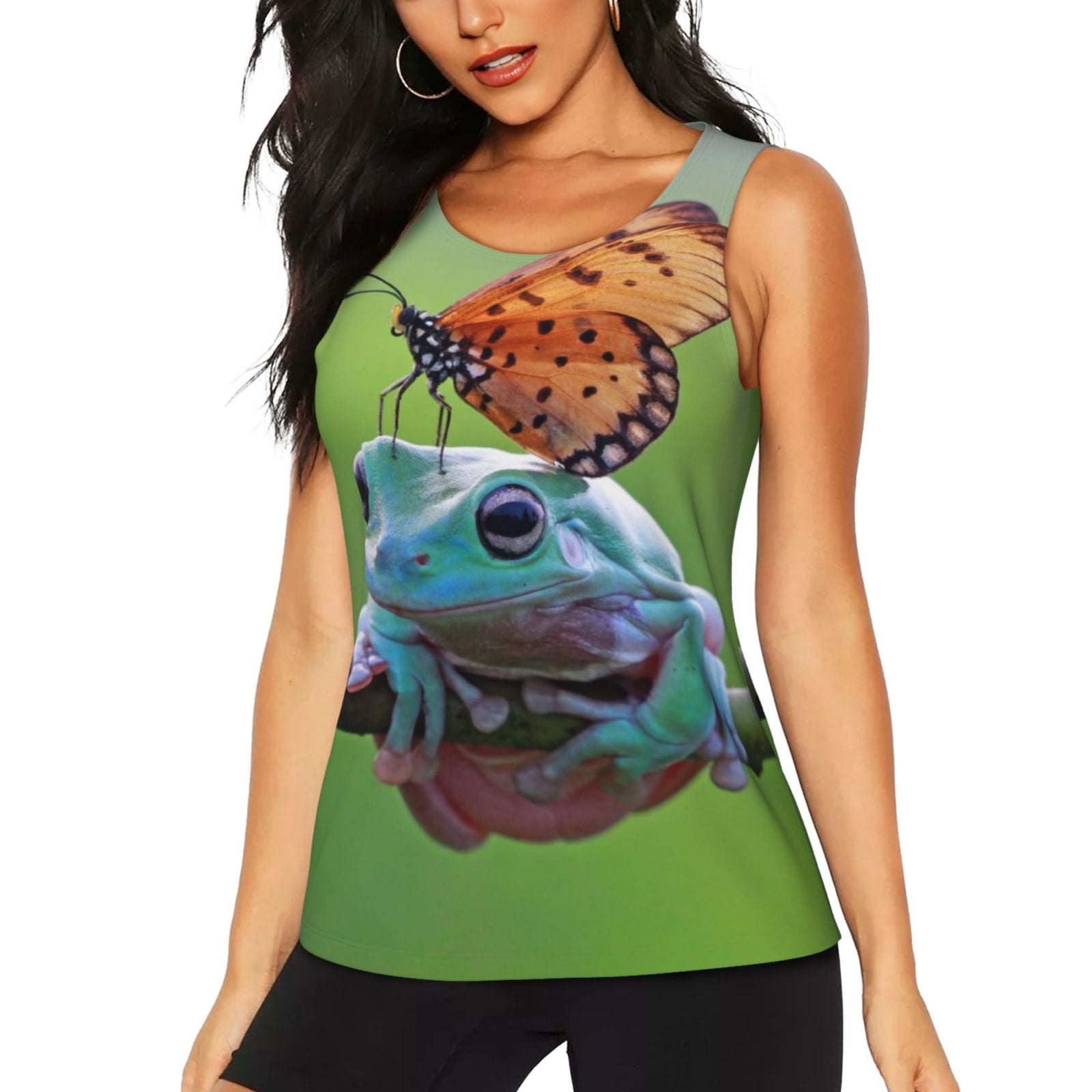 Haiem Butterfly Landing On Head Dumpy Frog Printed Women's Workout Tank ...