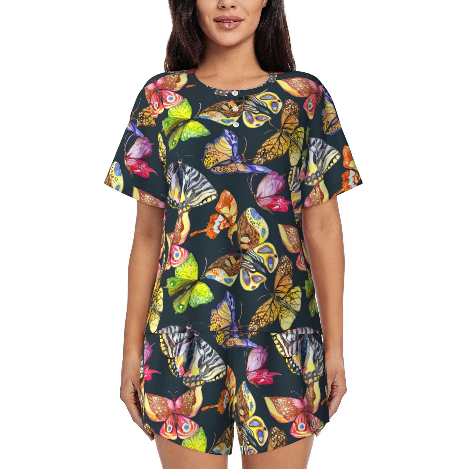 Haiem Butterfly Wild Insect Pattern Pajama Set for Women 2 Piece Lounge Set Short Sleeve Tops ...