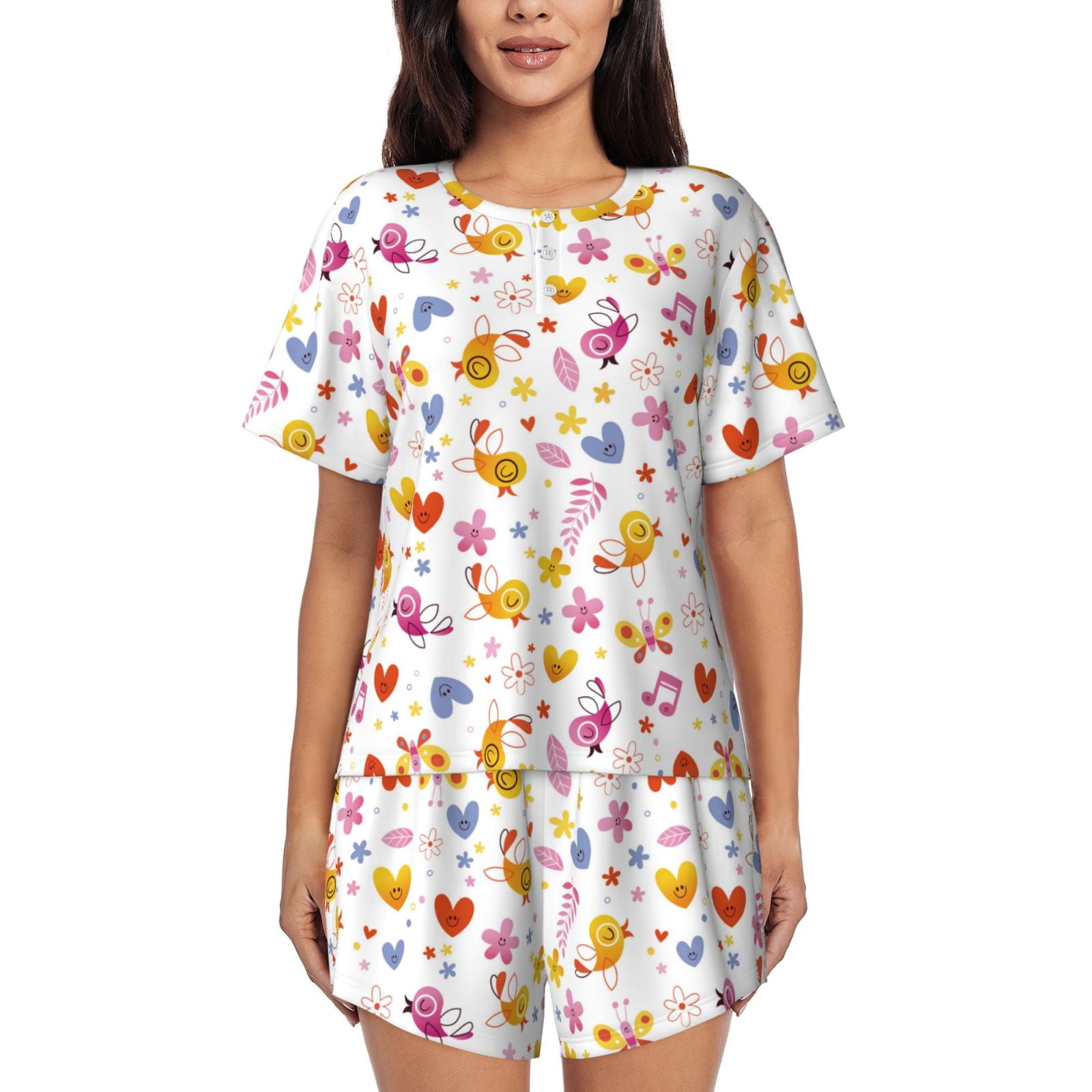 Haiem Cartoon Birds & Flowers Pattern Pajama Set for Women 2 Piece ...