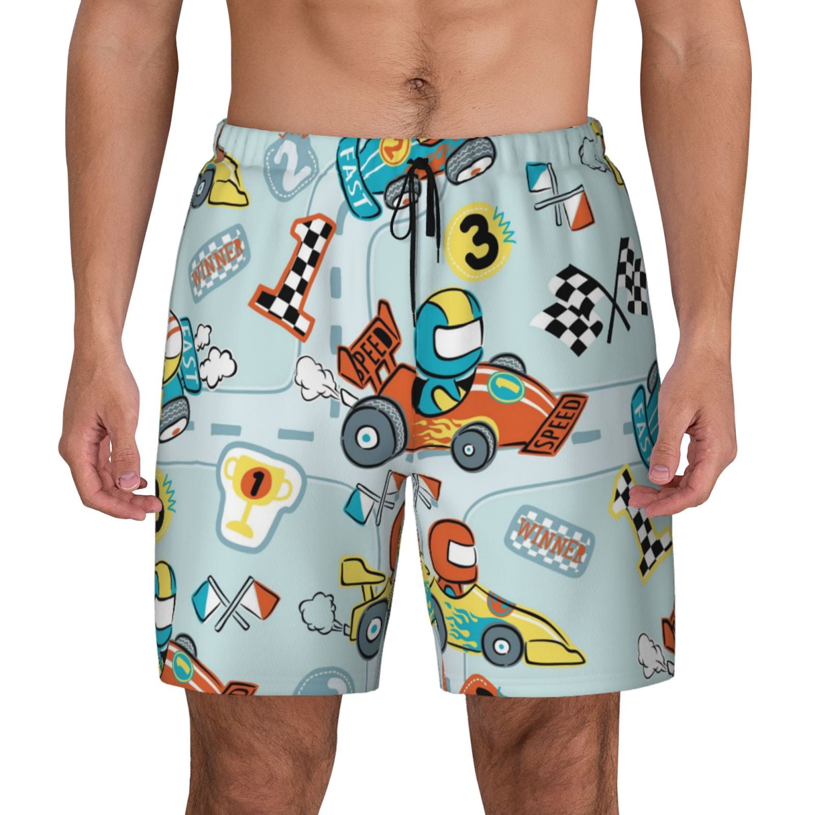 Haiem Cartoon Car Racing Mens Swim Trunks with Compression Liner 2 in 1 ...