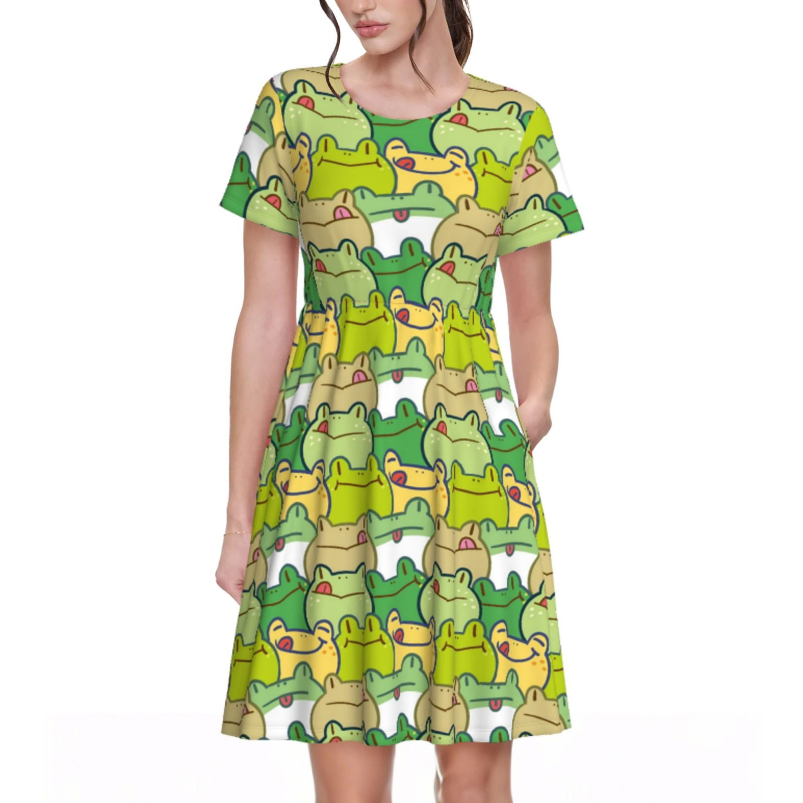 Haiem Cartoon Frog Pattern Women's Short-Sleeve Scoop Neck Swing Dress ...