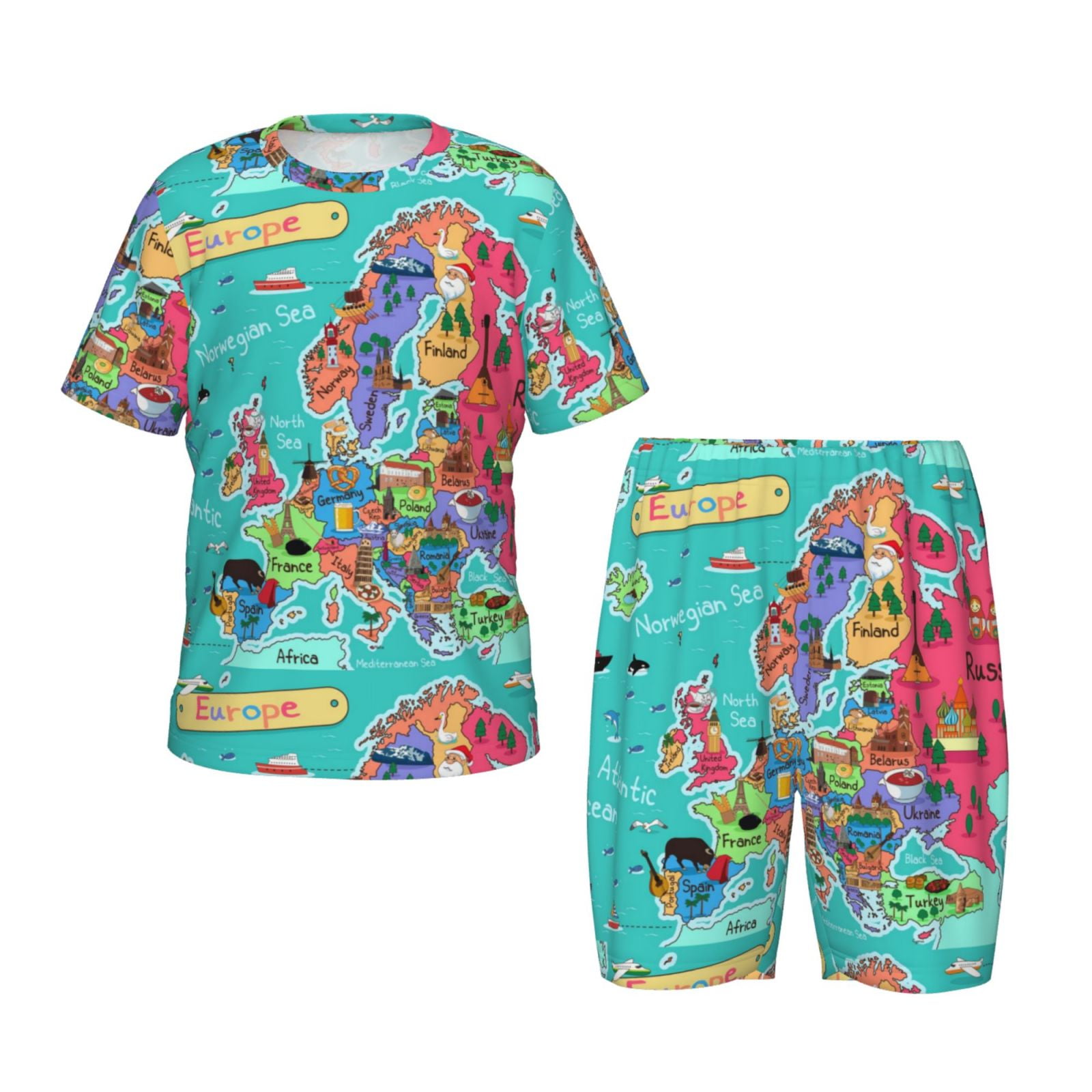 Haiem Cartoon Map Of Europe Pattern Kids’ Breathable Pajama Set – Short ...