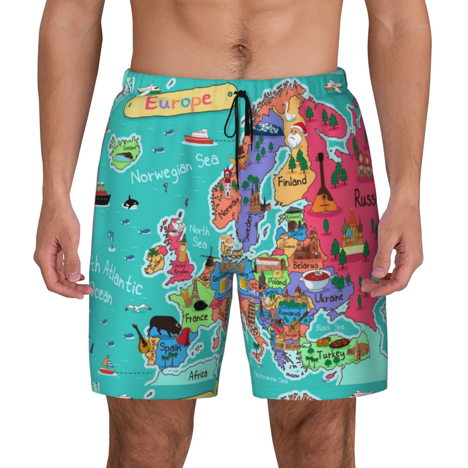 Haiem Cartoon Map Of Europe Mens Swim Trunks with Compression Liner 2 ...