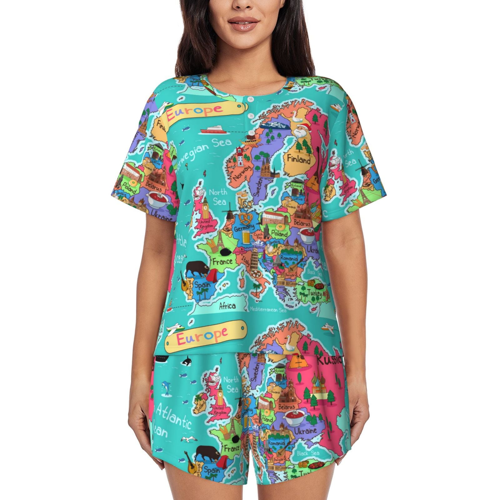 Haiem Cartoon Map Of Europe Pattern Pajama Set for Women 2 Piece Lounge ...