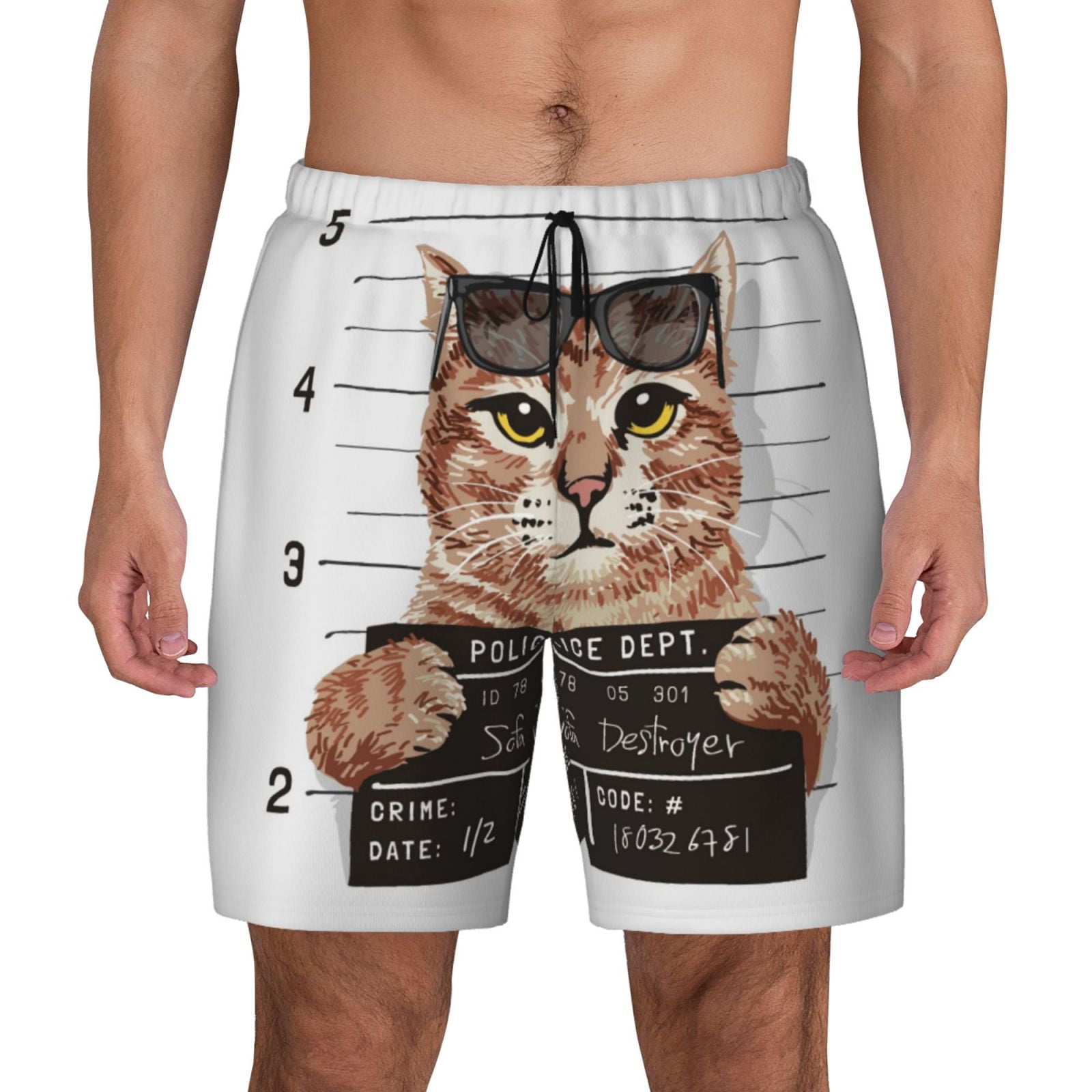 Haiem Cat Holding Mugshot Sign Mens Swim Trunks with Compression Liner ...