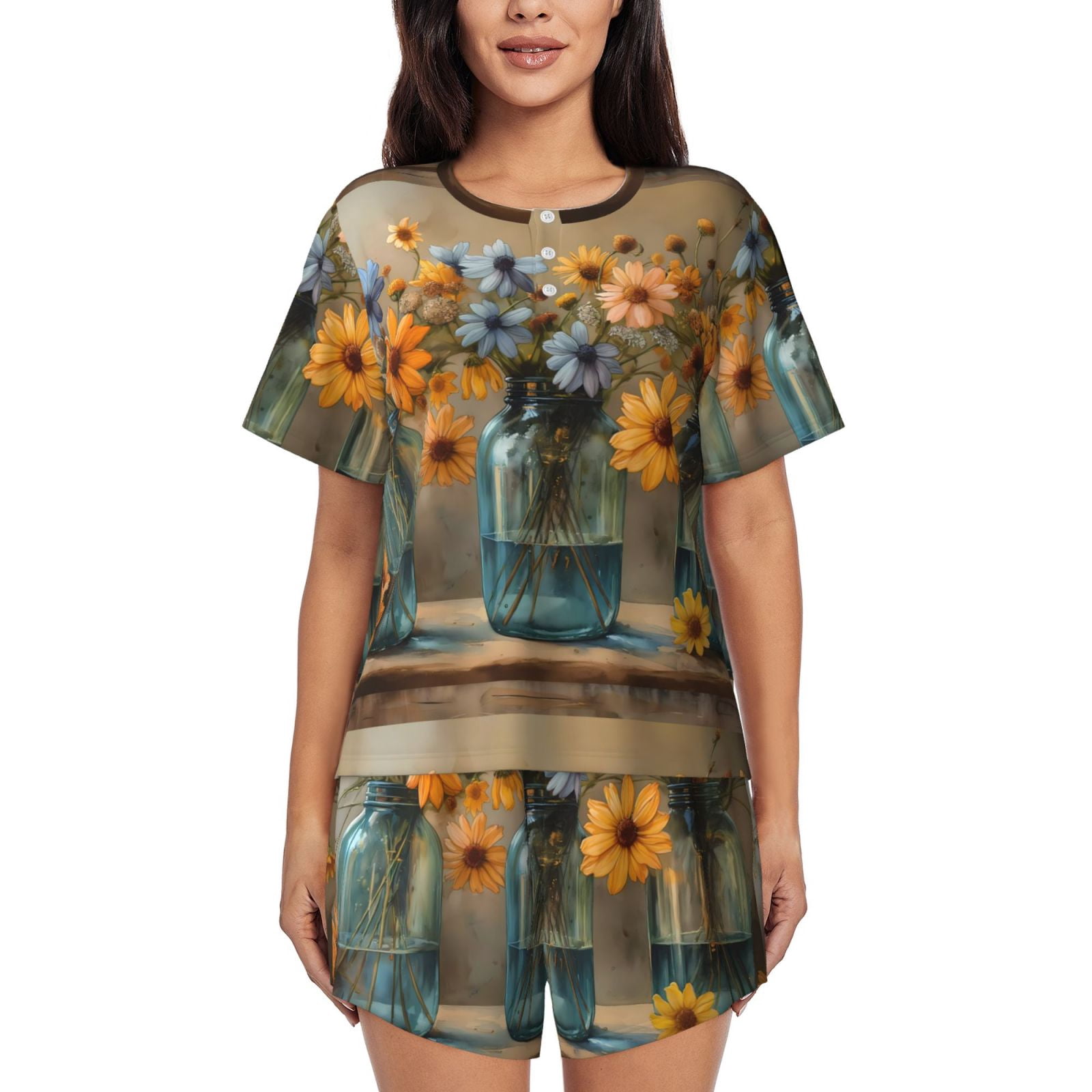 Haiem Charming Daisy Bouquet Art Pattern Pajama Set for Women 2 Piece ...