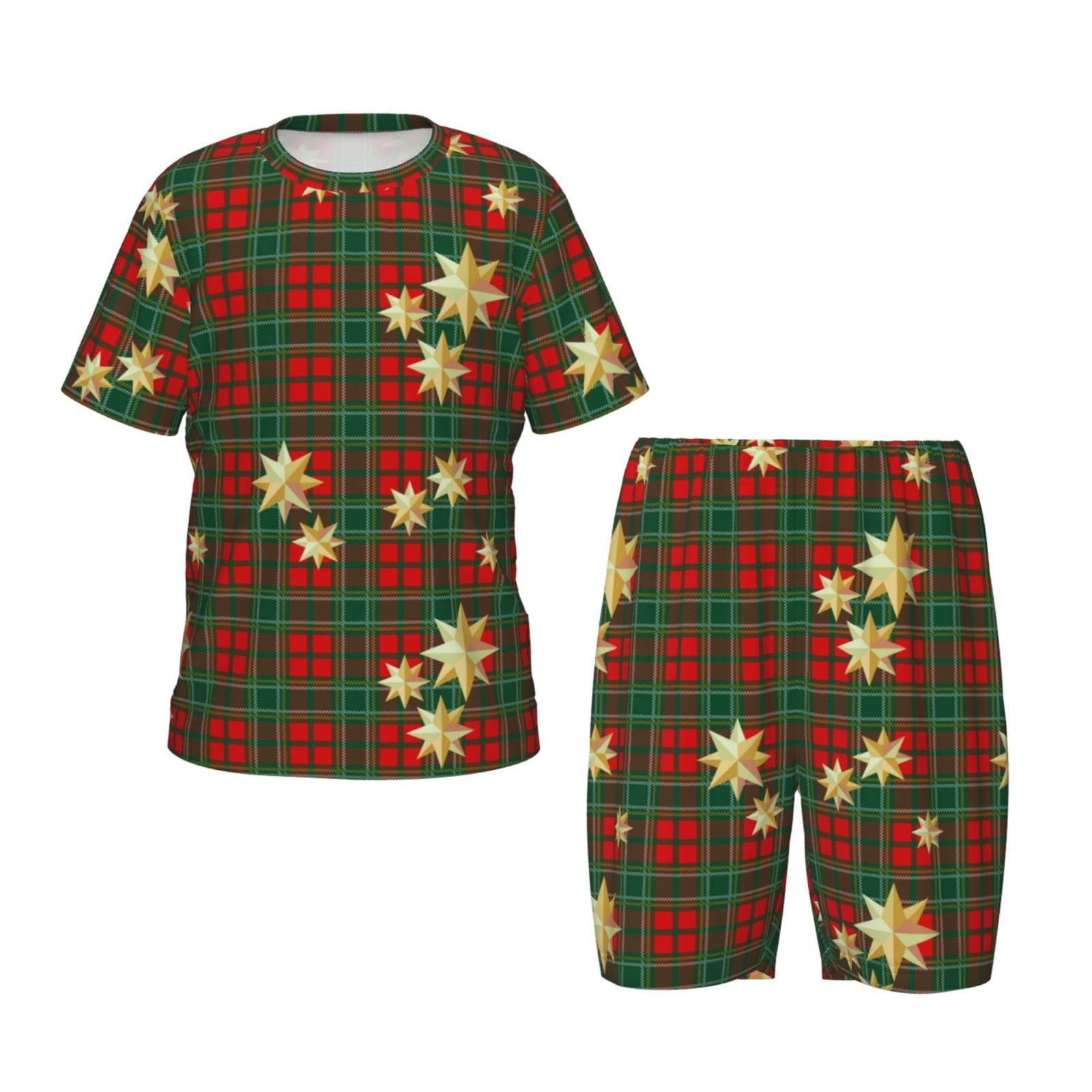 Haiem Checkered With Golden Stars Pattern Kids’ Breathable Pajama Set – Short-Sleeved Cotton PJs ...