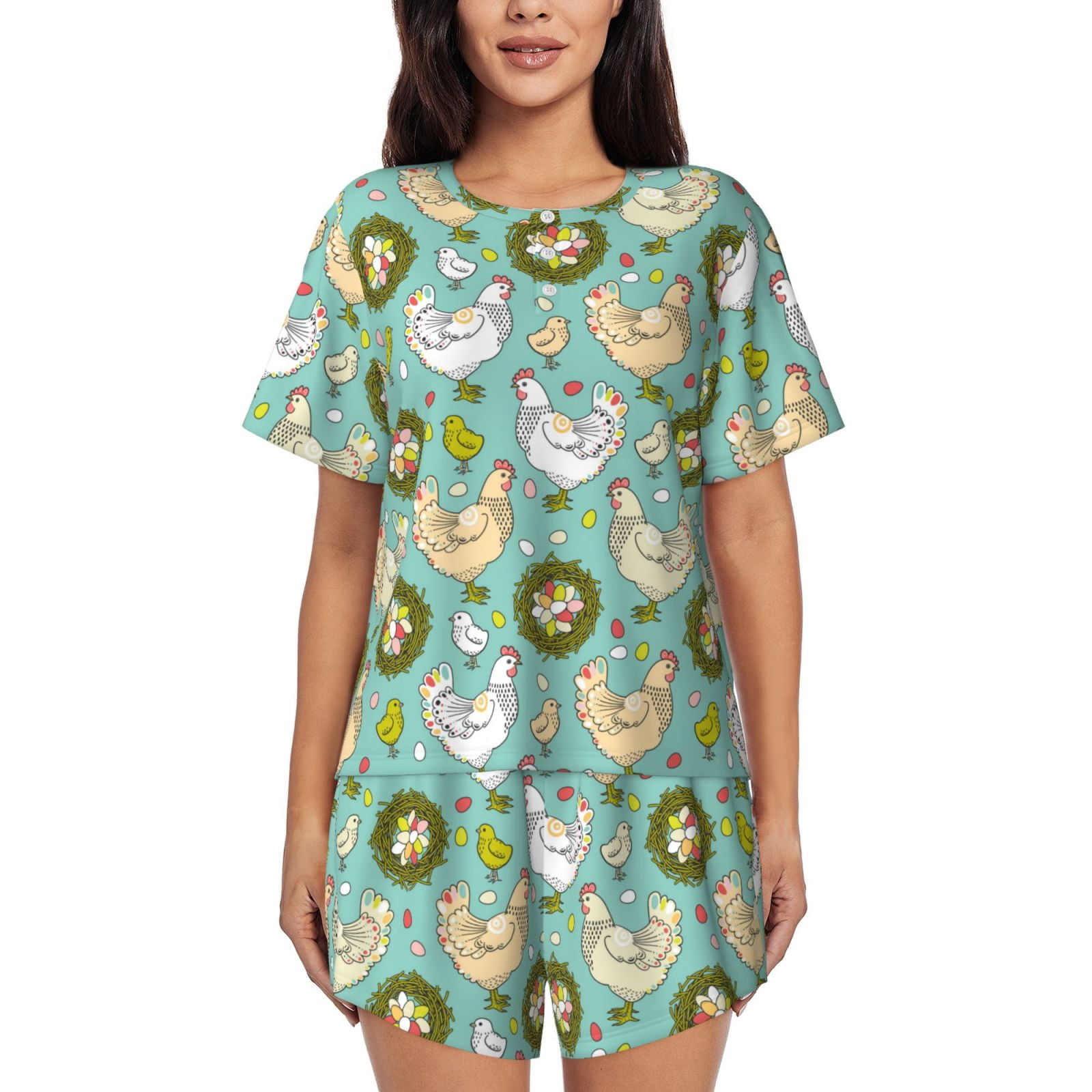 Haiem Chicken Laying Eggs Pattern Pajama Set for Women 2 Piece Lounge ...