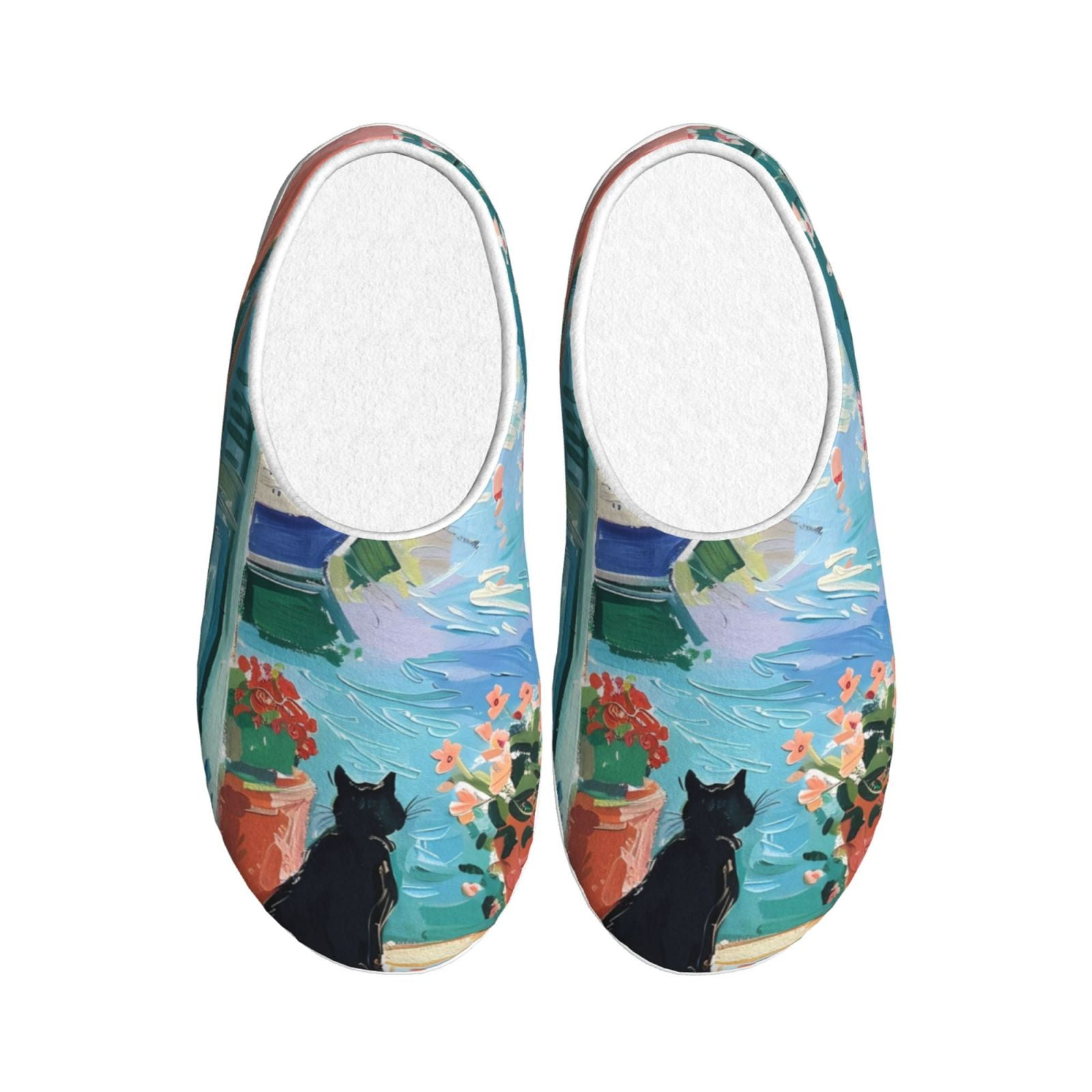 Haiem Coastal Cat By The Window Print Women's Fuzzy Memory Foam House ...