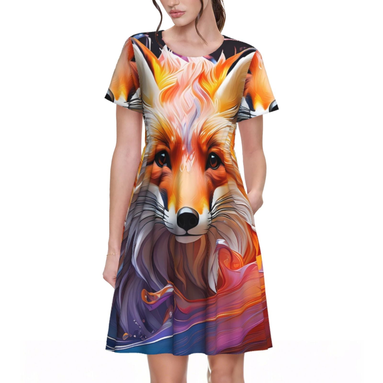 Haiem Color Splash Fox Portrait Pattern Women's Short-Sleeve Scoop Neck ...