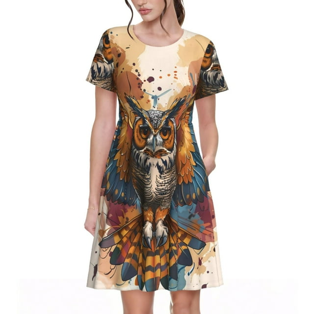 Haiem Colorful Owl Tattoo Art Pattern Womens Short Sleeve Scoop Neck