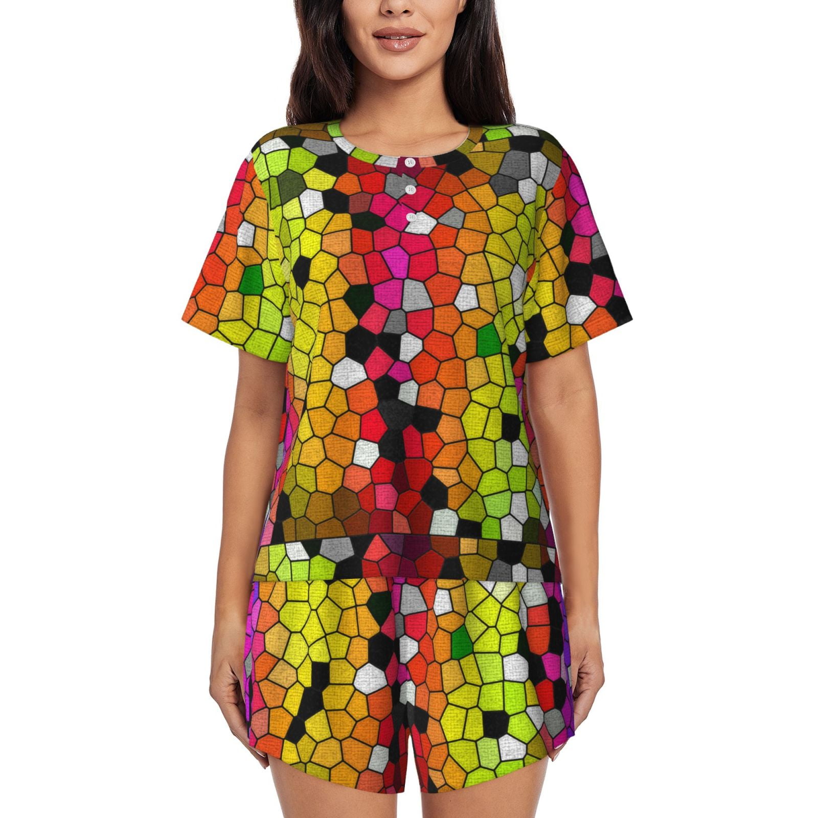 Haiem Colorful Tie Dye Stained Glass 1 Pattern Pajama Set for Women 2 ...